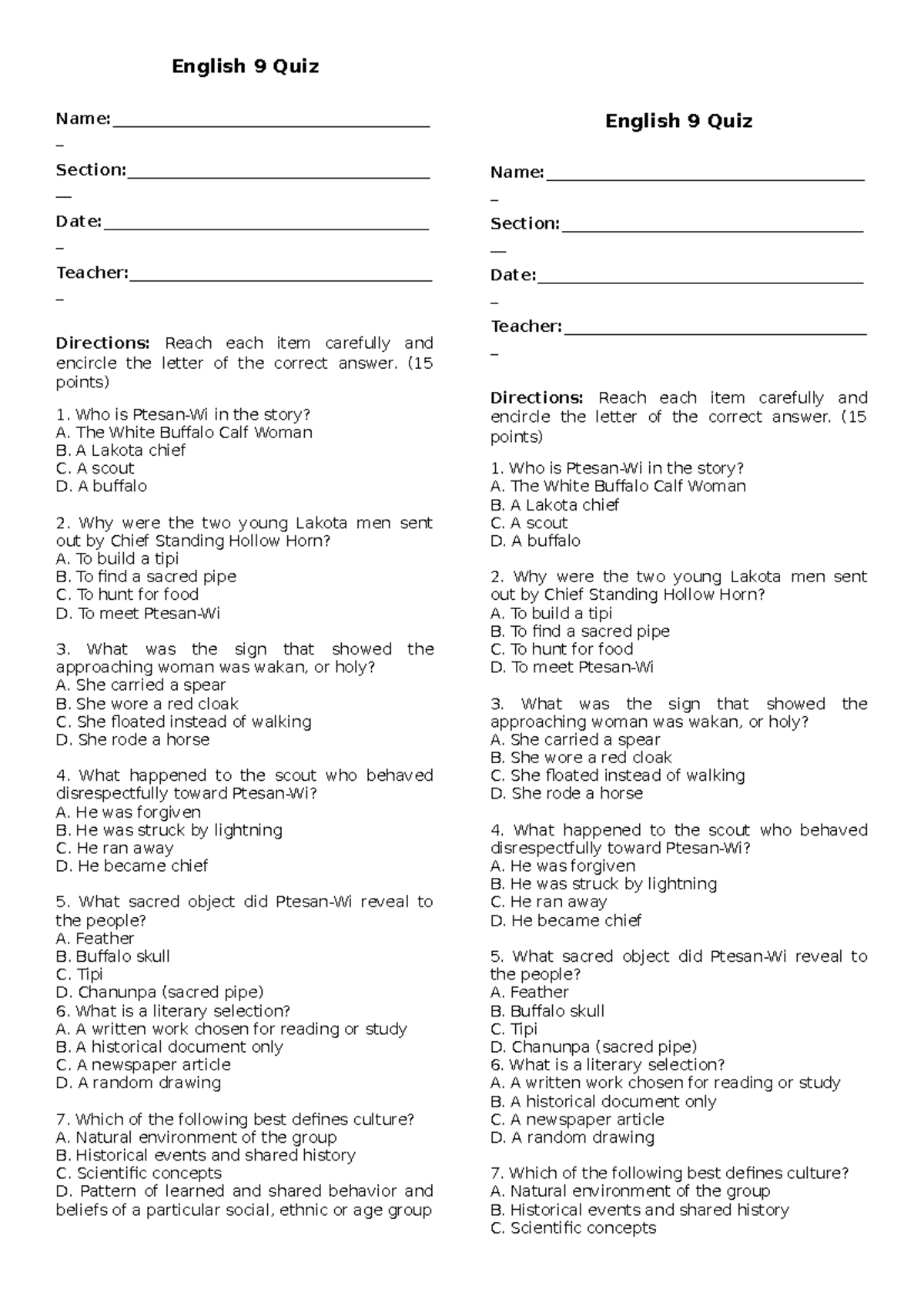 English 9 Quiz - Key Concepts and Questions - Studocu