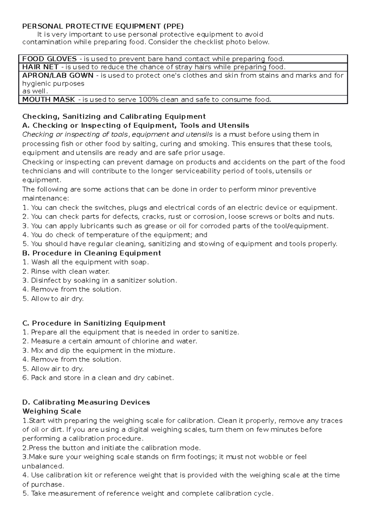 PPE Guidelines for Food Safety: Equipment Inspection & Cleaning - Studocu