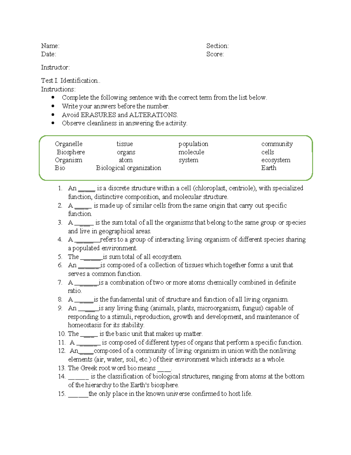Test - study - Name: Section: Date: Score: Instructor: Test I ...