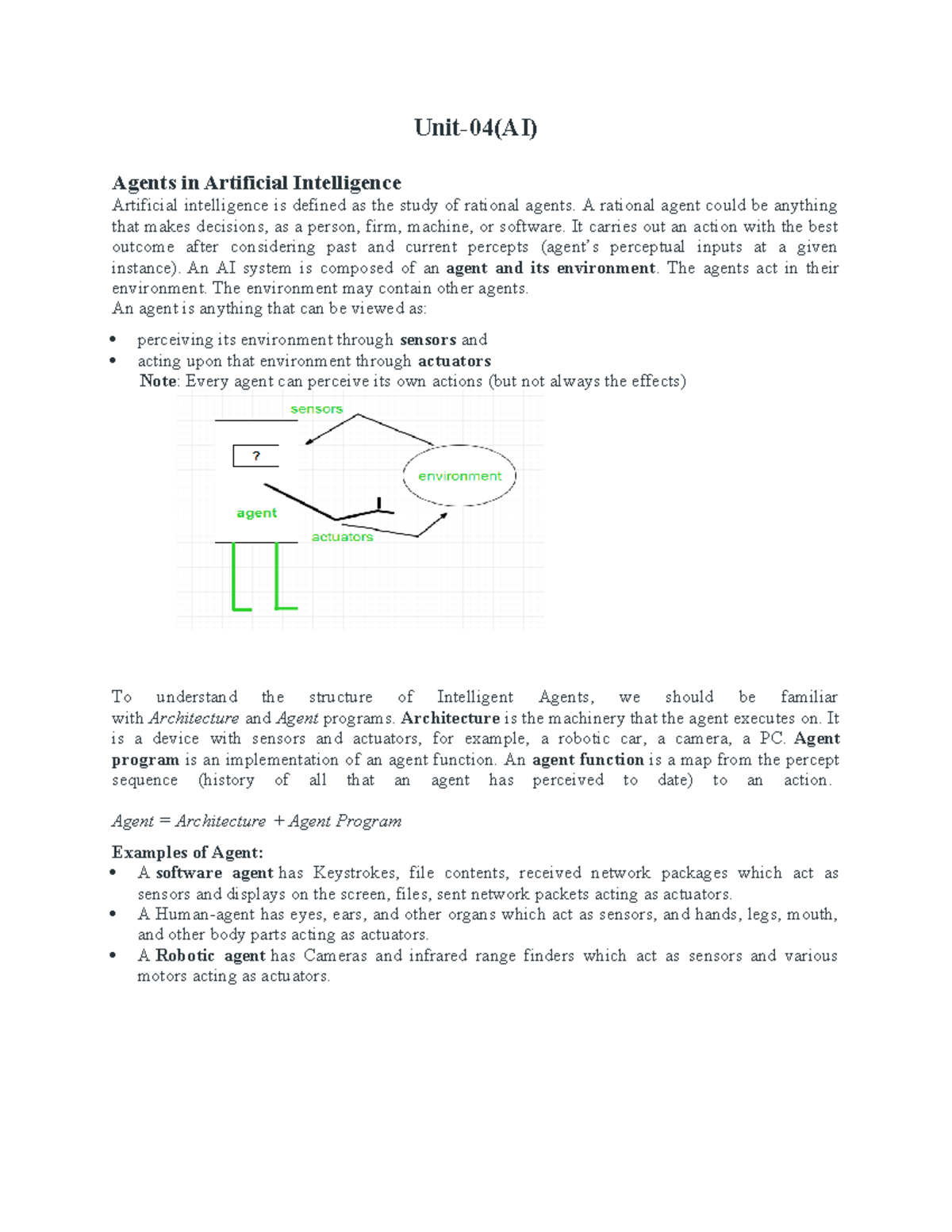 Unit-04: Understanding Agents in Artificial Intelligence - Studocu