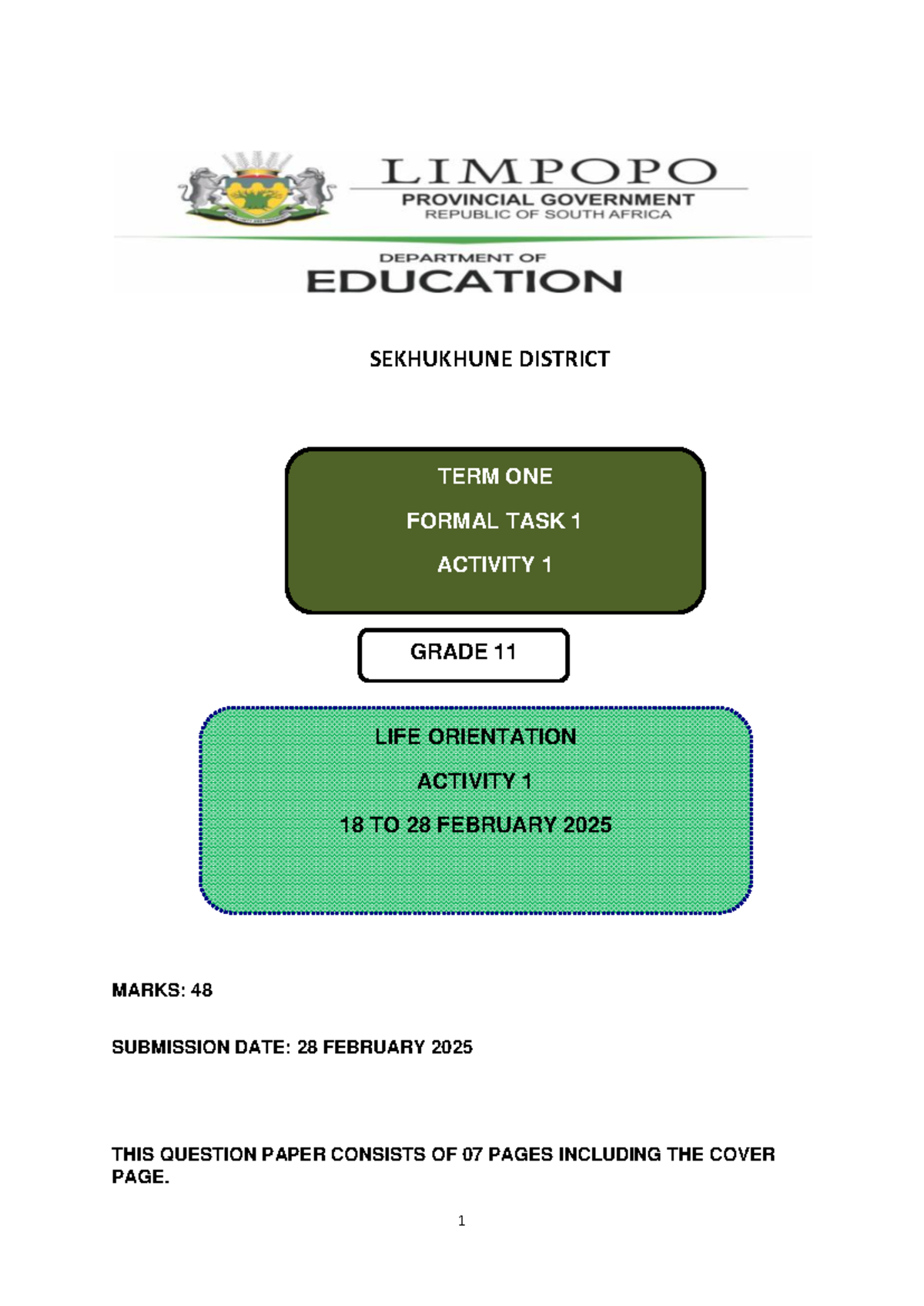 SEKHUKHUNE DISTRICT GRADE 11 LIFE ORIENTATION TERM 1 ACTIVITY 1 - Studocu