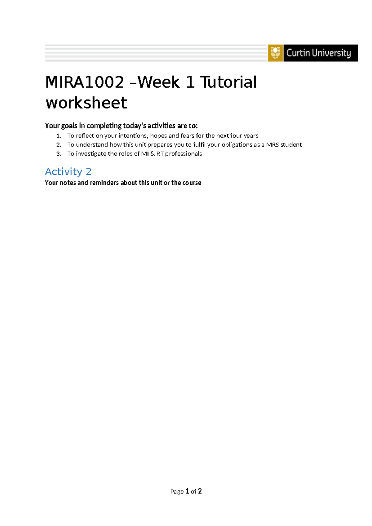 MIRA1002 Tutorial 1 Worksheet: Goals and Reflections - Studocu