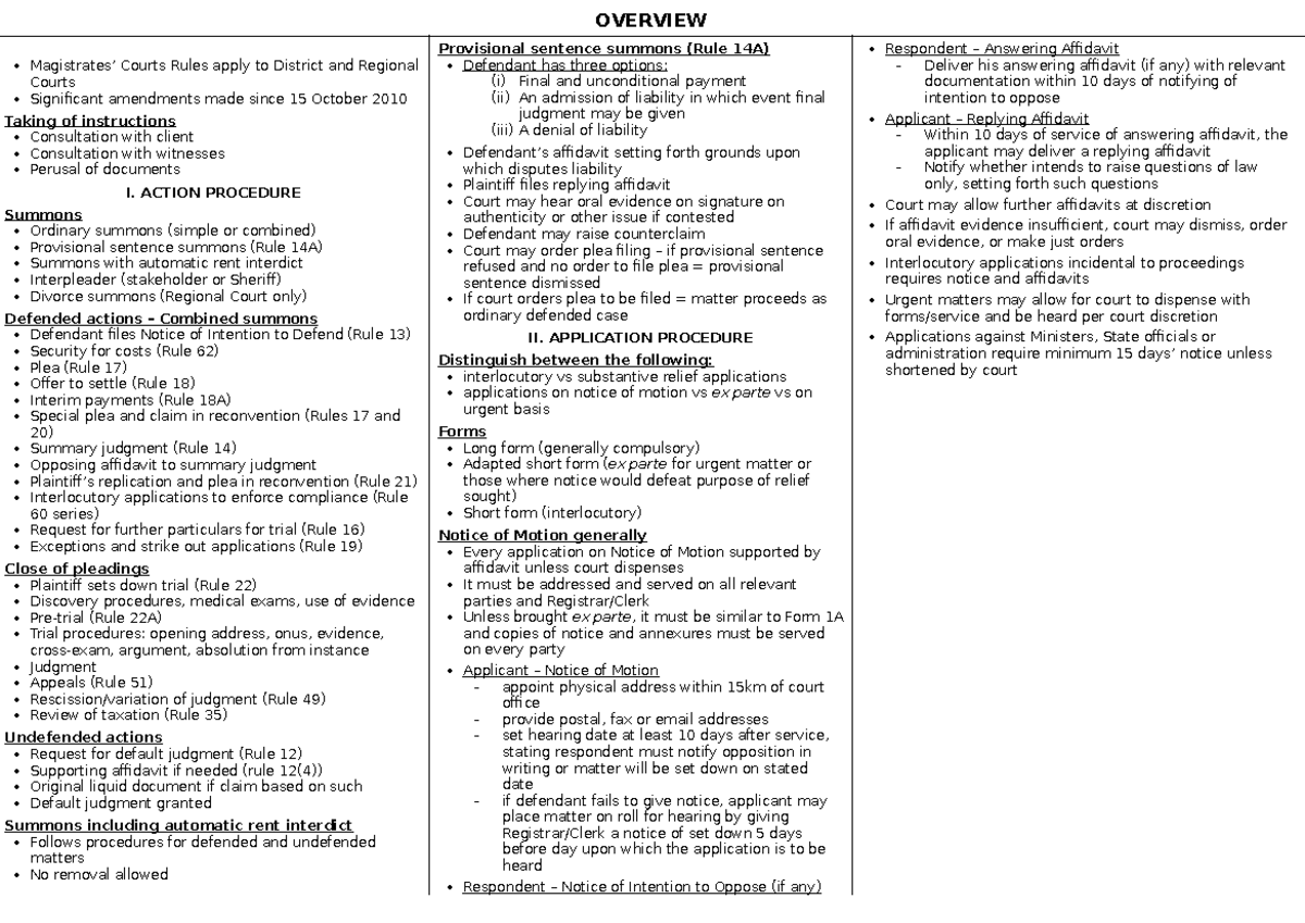MC Procedure - Summary for Bachelors of Law: Court Rules Overview - Studocu