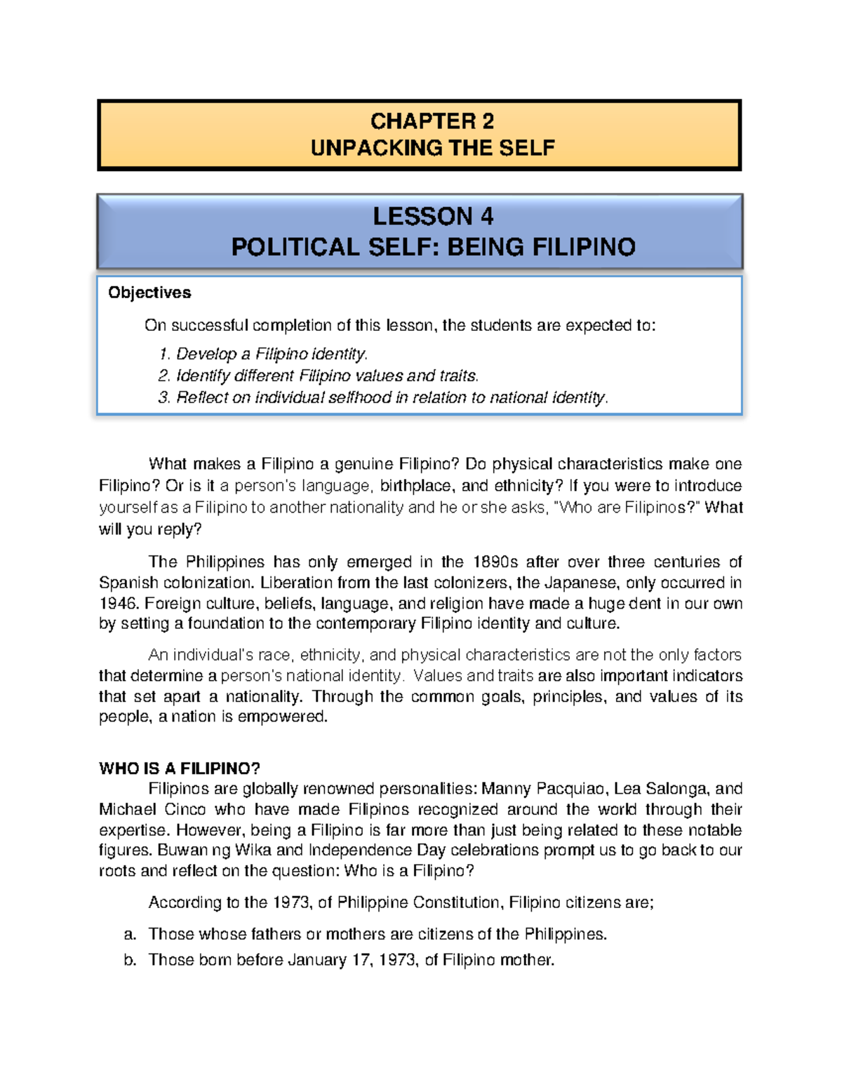 CHAPTER 2 - LESSON 4: POLITICAL SELF & FILIPINO IDENTITY - Studocu