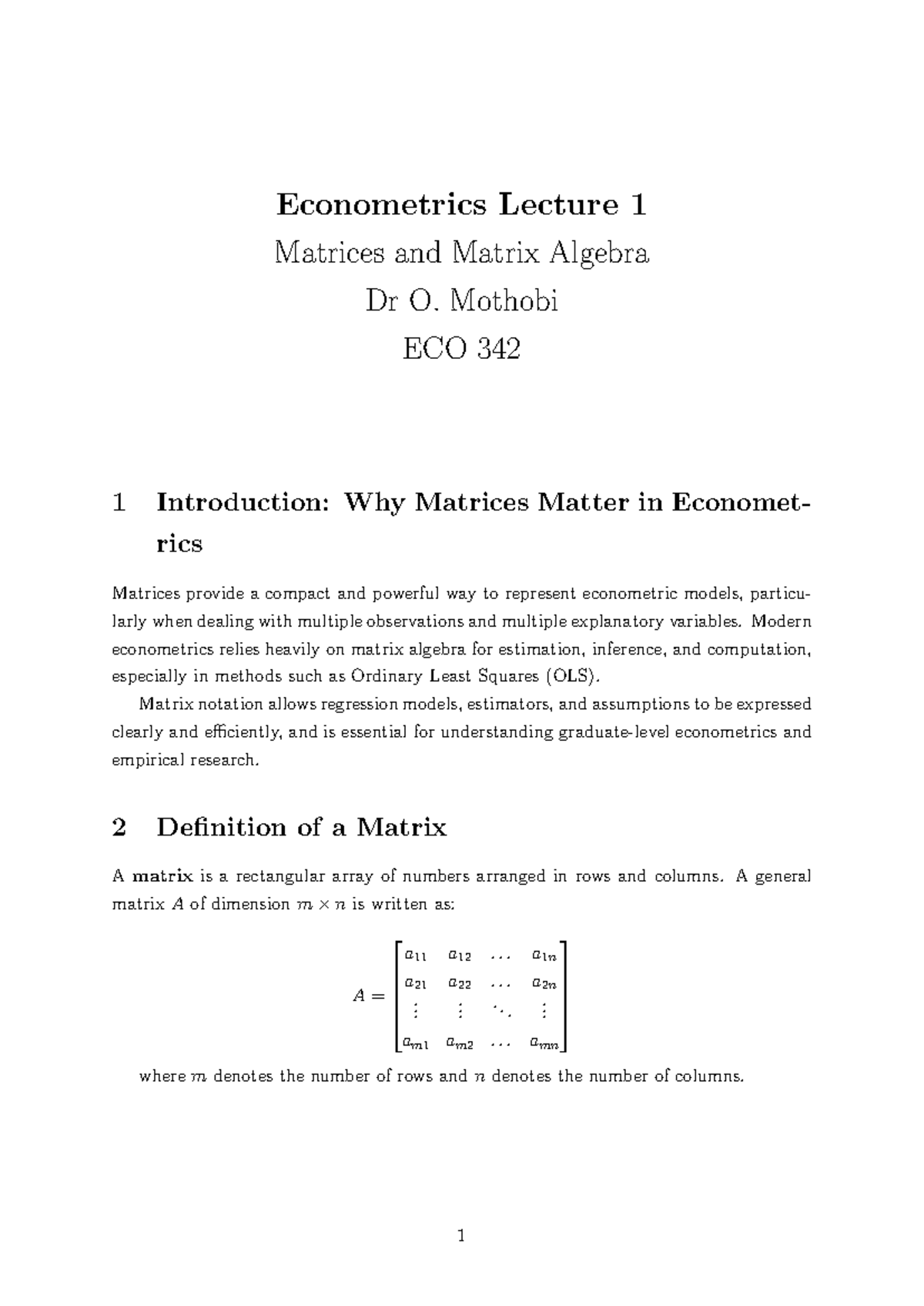 ECO 342 Econometrics Lecture 1: Matrices & Matrix Algebra - Studocu