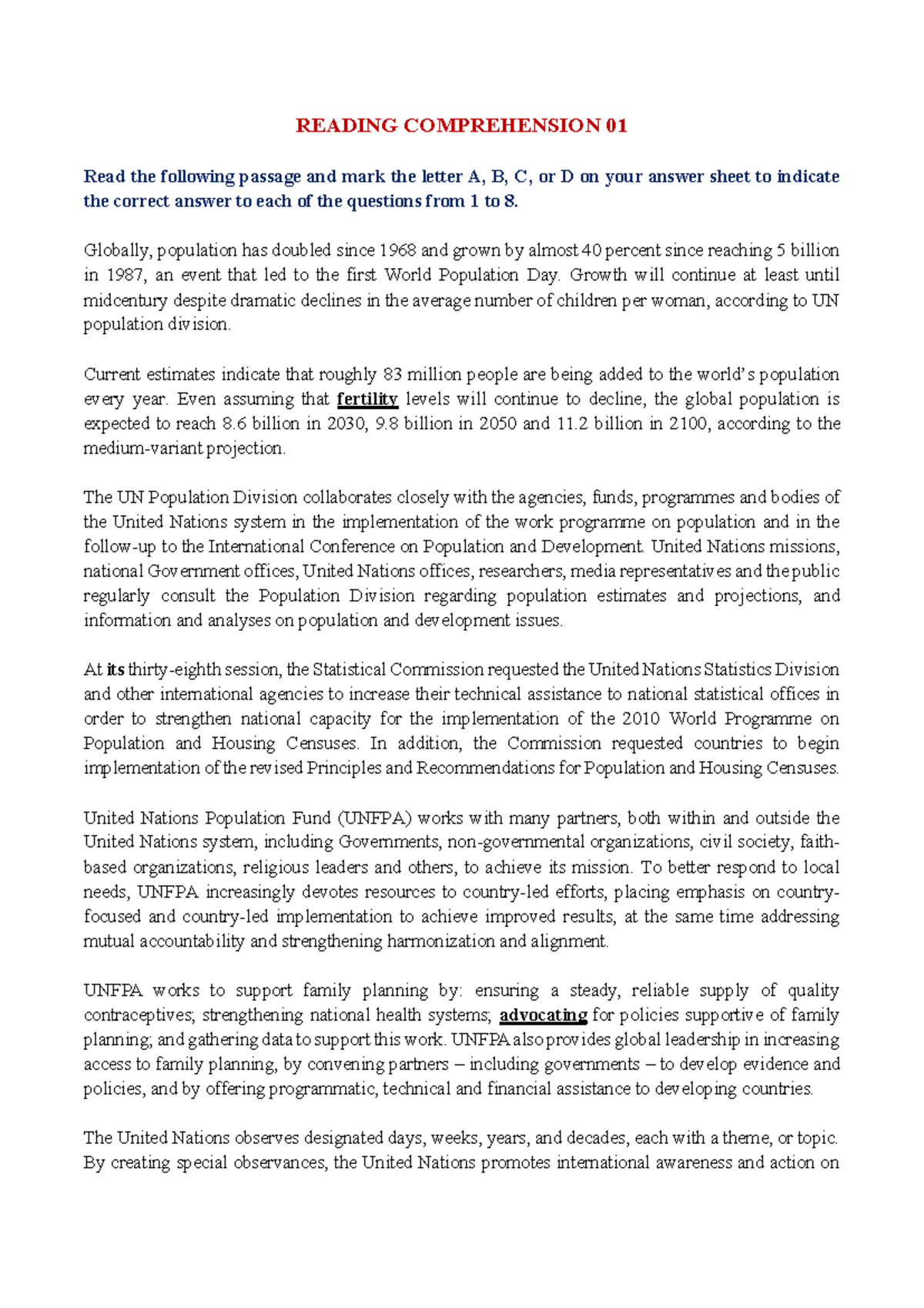2A - Homework: Reading Comprehension on Global Population Trends - Studocu