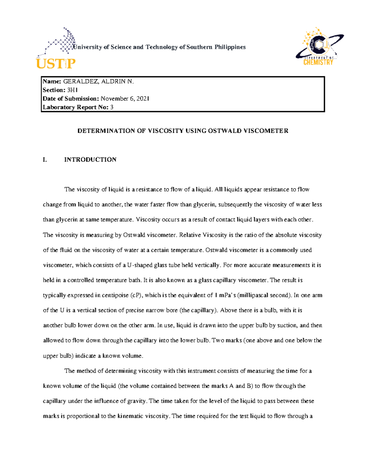 Laboratory Report 3: Viscosity Measurement with Ostwald Viscometer ...