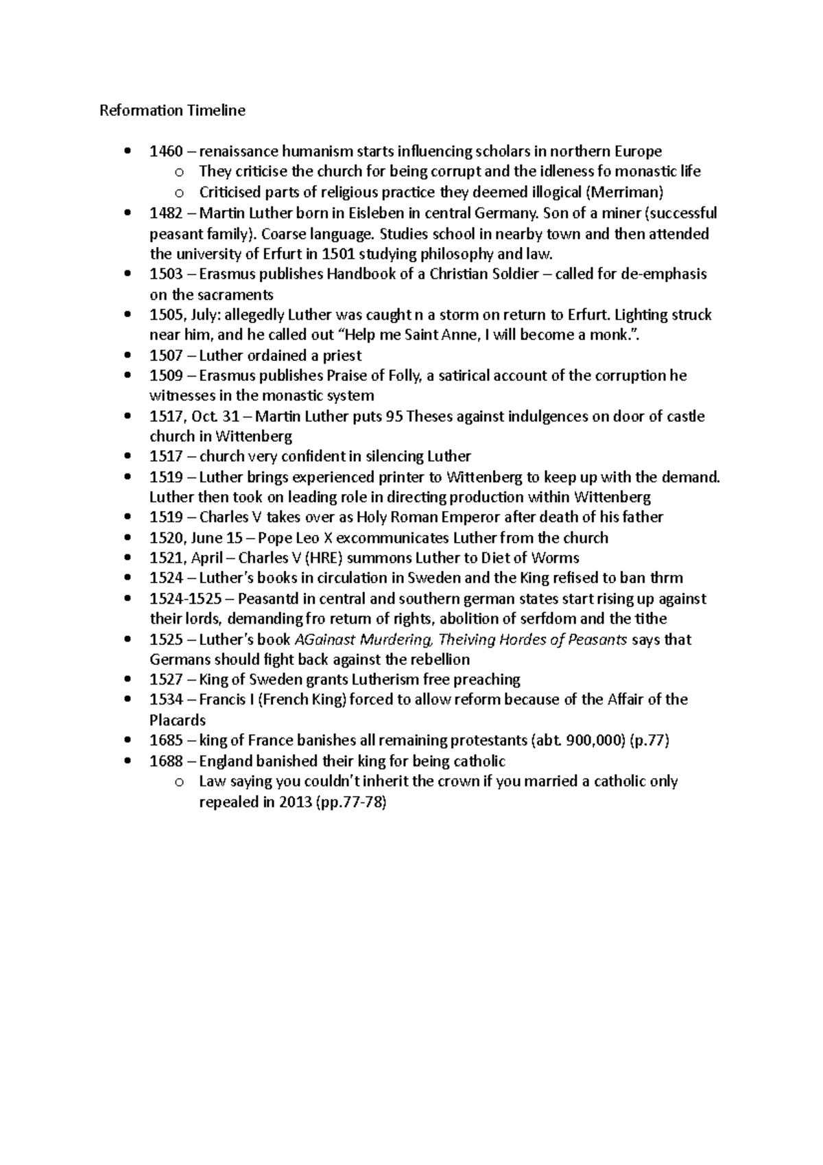 Reformation Timeline Overview: Key Events & Influences - Studocu