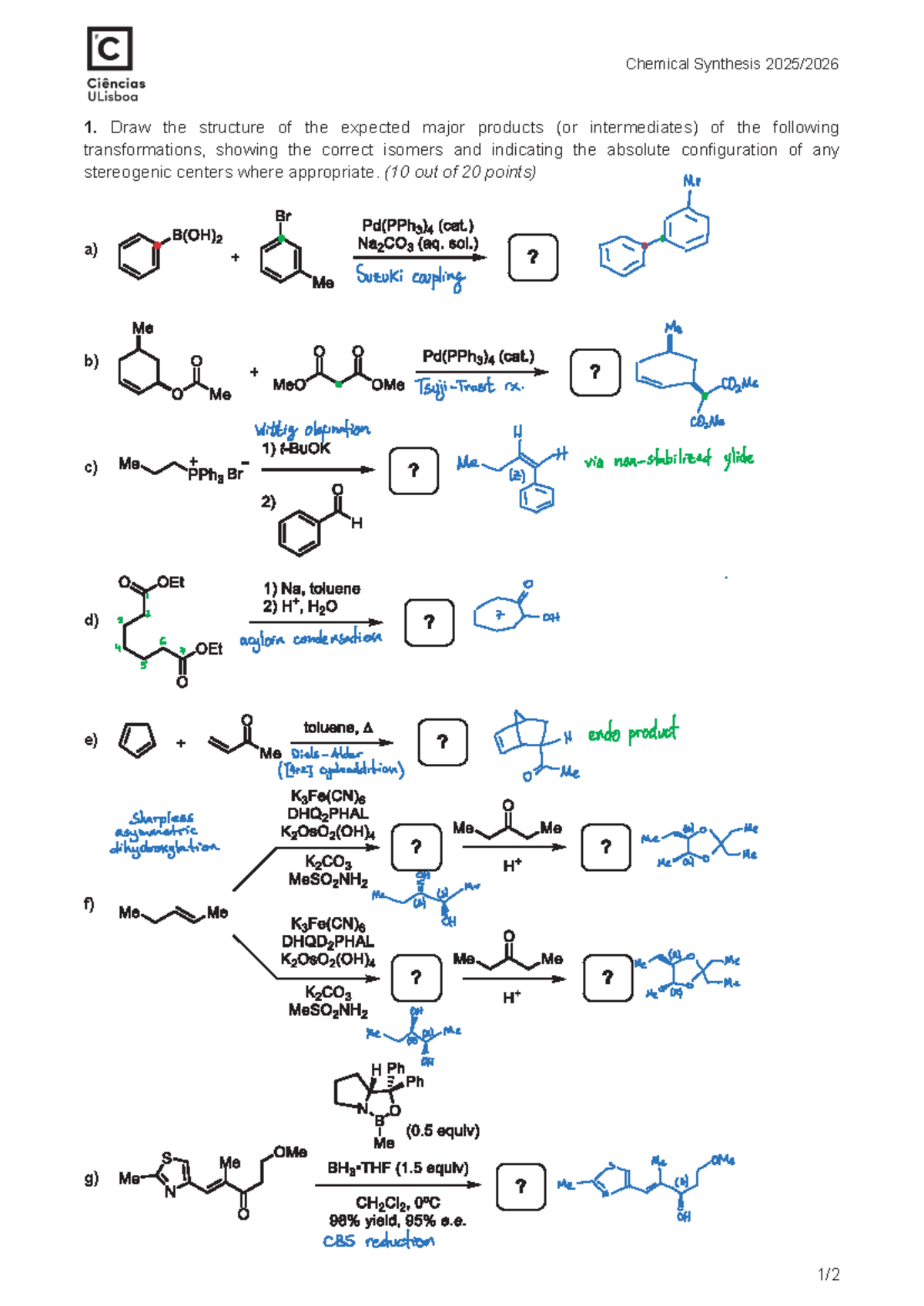 441210 Chemical Synthesis Sample Test 2: Major Products & Isomers - Studocu
