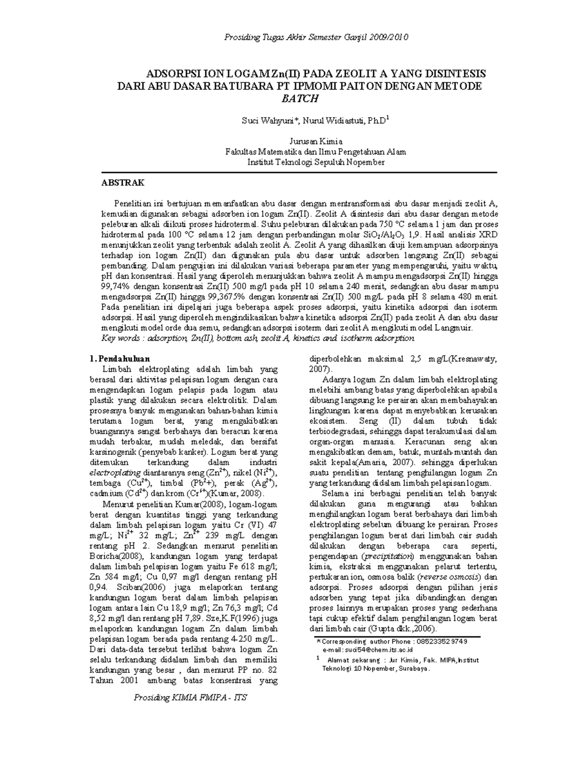 ITS Undergraduate 9876 Paper - ADSORPSI ION LOGAM Zn(II) PADA ZEOLIT A ...