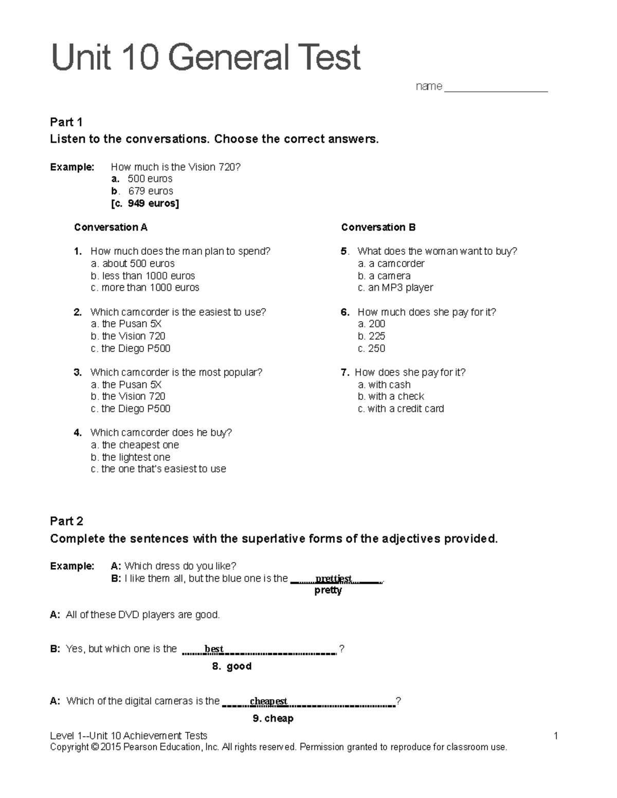 Unit 10 General Assessment for Top Notch 1 Students - Studocu