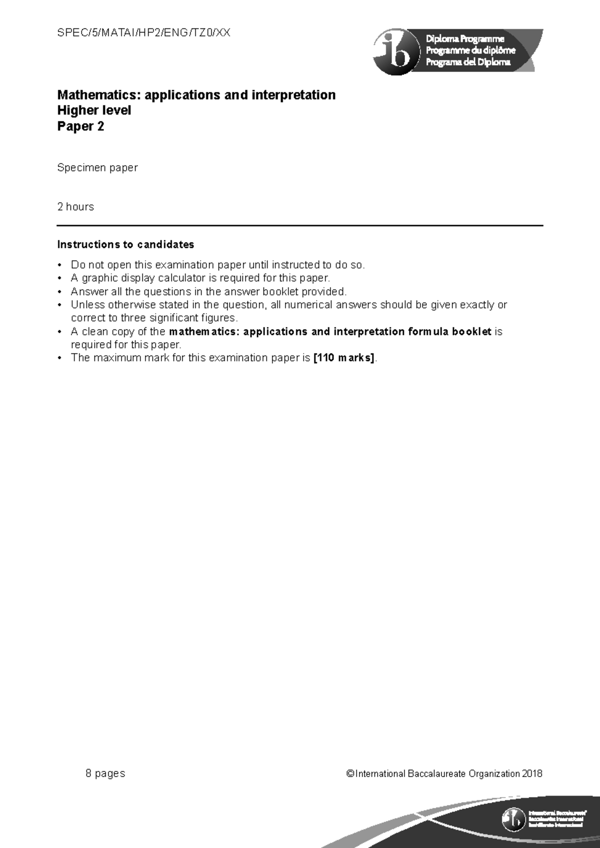 Mathematics: Applications and Interpretation HL Paper 2 Specimen Exam ...