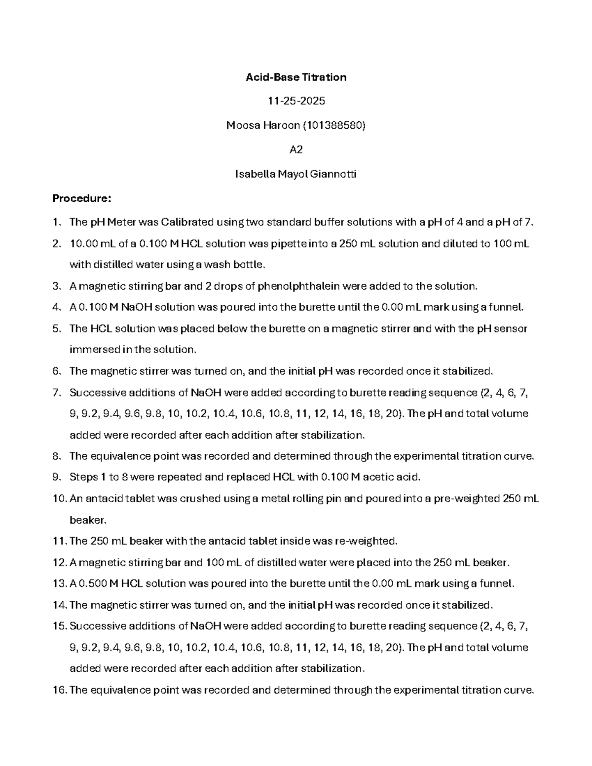 Titration Experiment Report: HCL & Acetic Acid Analysis (101388580 ...