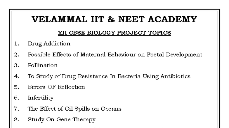 XII CBSE Biology Project Topics: Comprehensive List of Ideas - Studocu