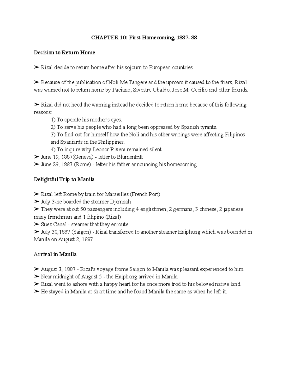 CHAPTER 10: Summary of Rizal's First Homecoming, 1887-88 - Studocu