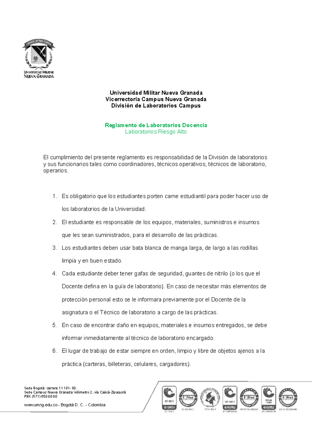 Reglamento de Laboratorios - Manual de Riesgo Alto 20R - Studocu
