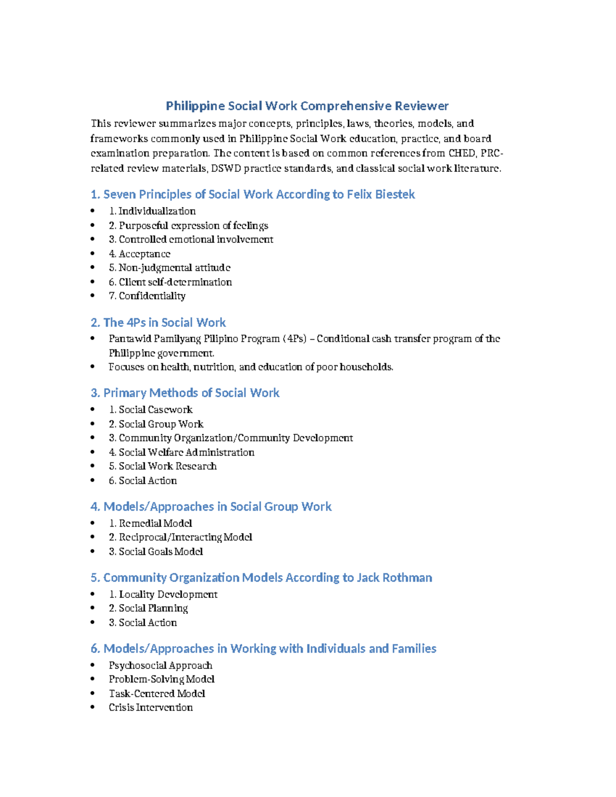 Philippine Social Work Comprehensive Reviewer for Board Exam Prep - Studocu