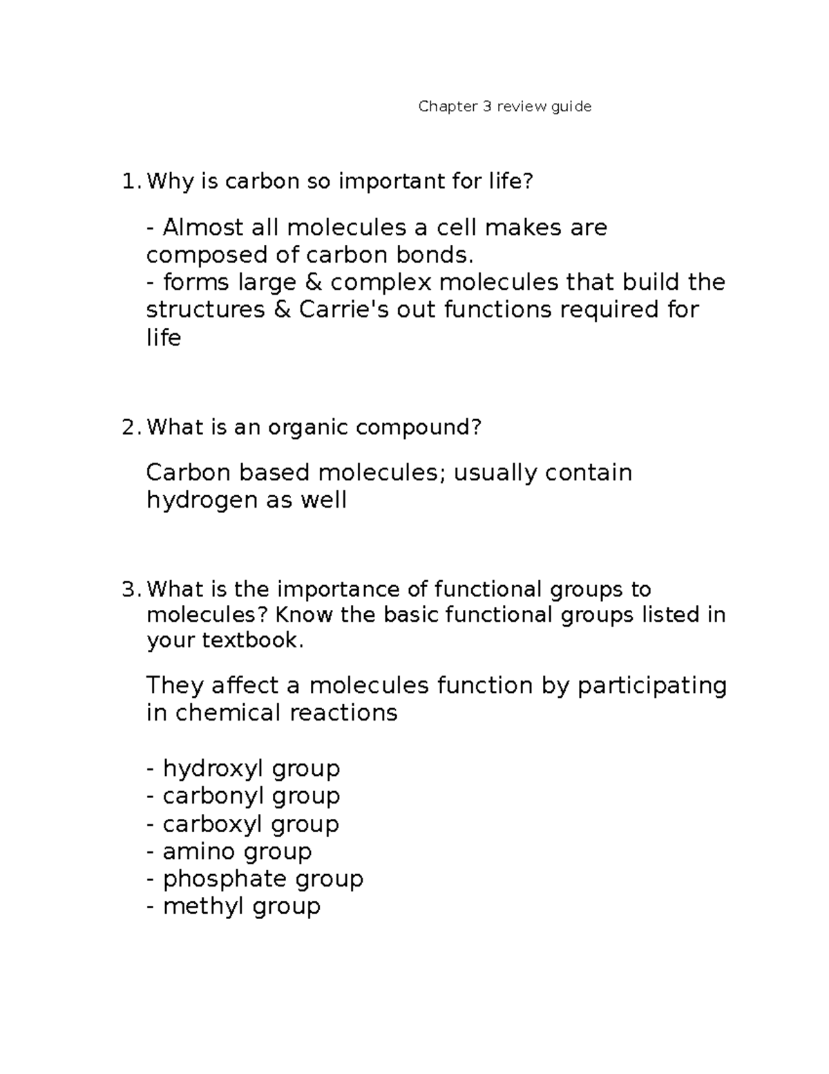 Biology CH 3 Review Guide: Key Concepts & Important Points - Studocu
