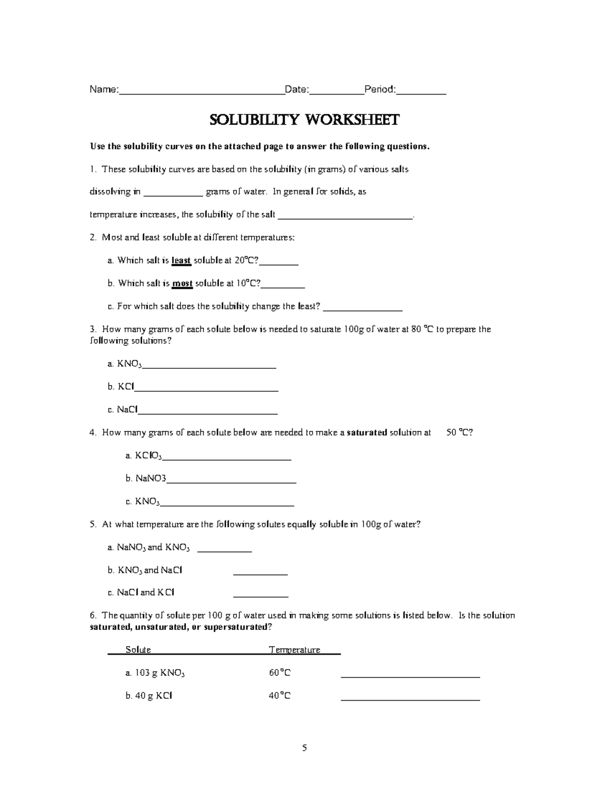 Chemistry 101: Solubility and Molarity Worksheet for Final Exam - Studocu