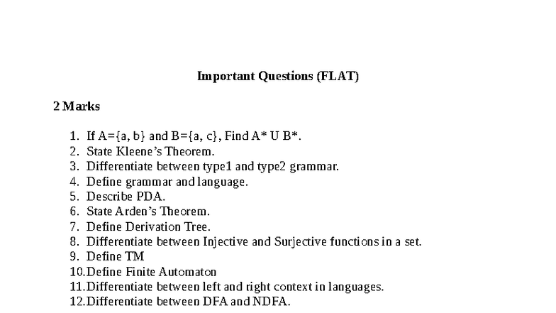 FLAT Important Questions: Key Concepts & Theorems - Studocu