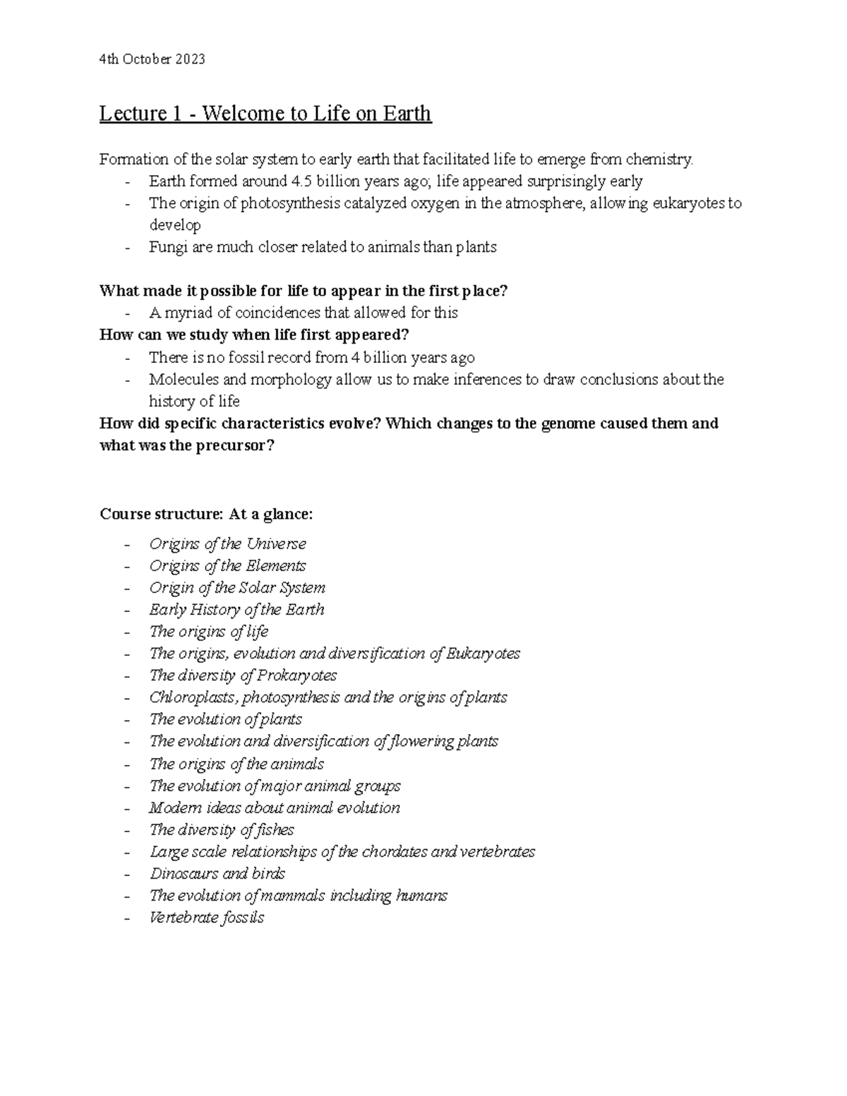 BIOL0004 - Lecture Notes: Life on Earth and Evolutionary Concepts - Studocu