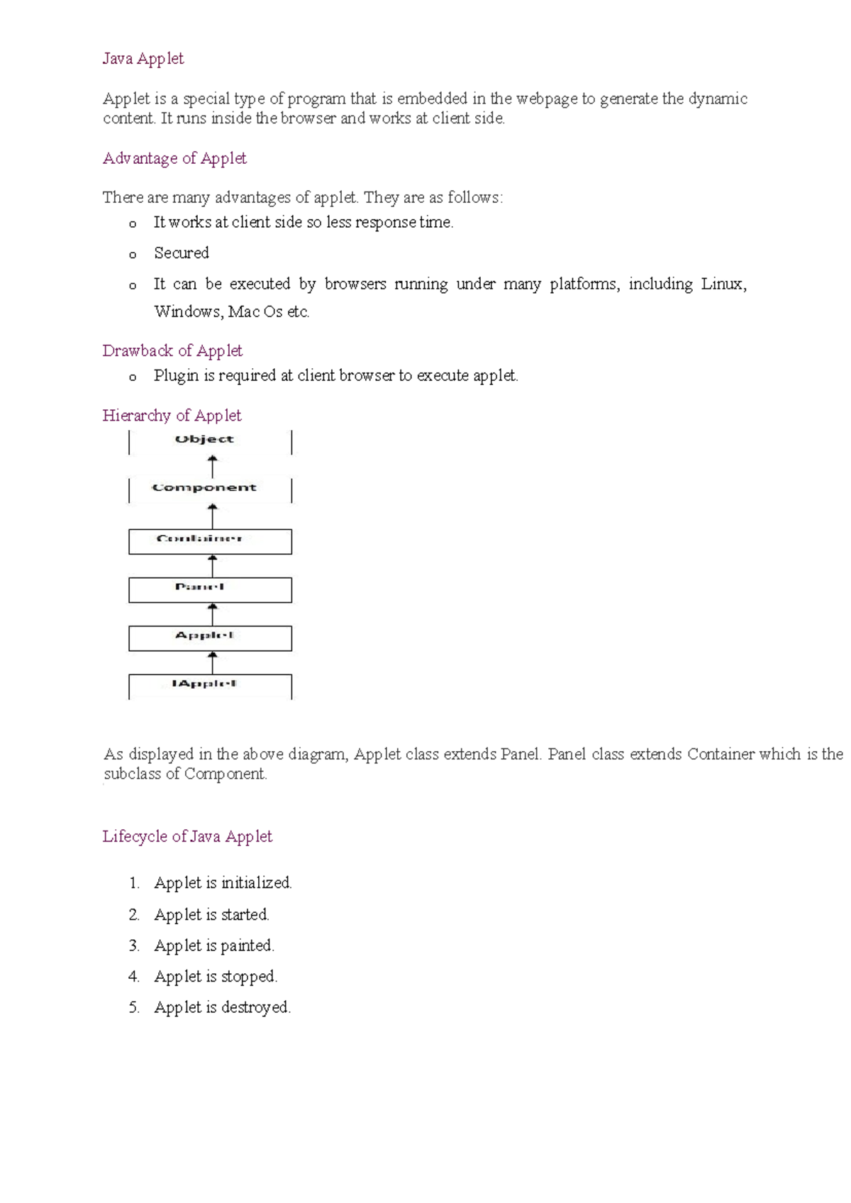 Java Applet Overview: Lifecycle, Advantages, and Event Handling - Studocu