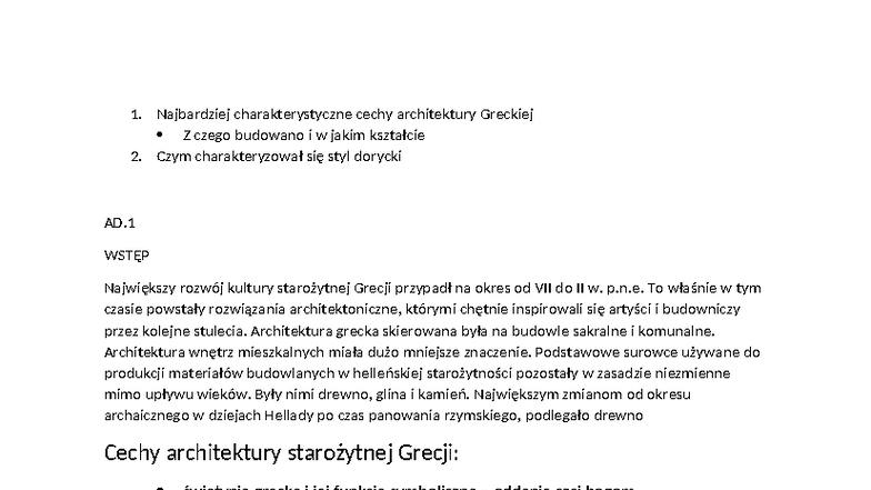 Architektura Grecka: Cechy i Styl Dorycki - AD.1 i AD.2 - Studocu