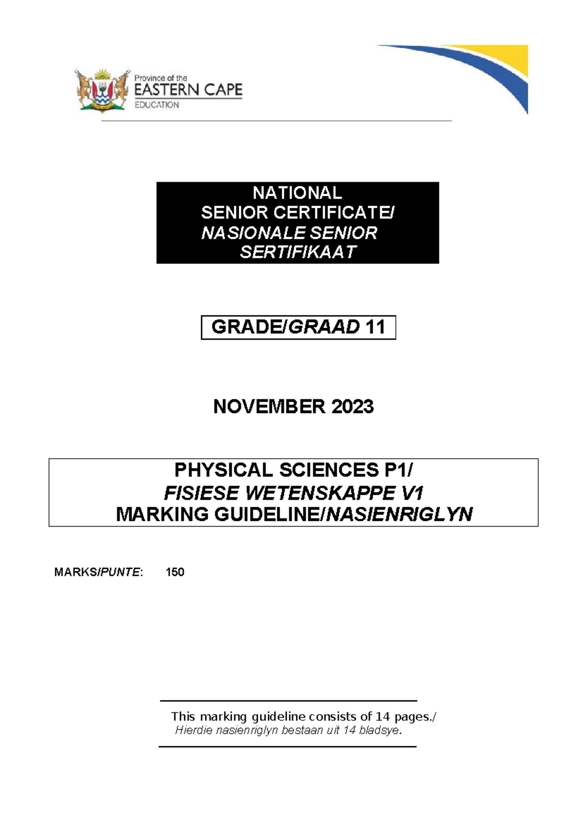 PHYS Sciences P1 GR12 NOVEMBER 2023 MARKING GUIDELINE Afr Engl - Studocu