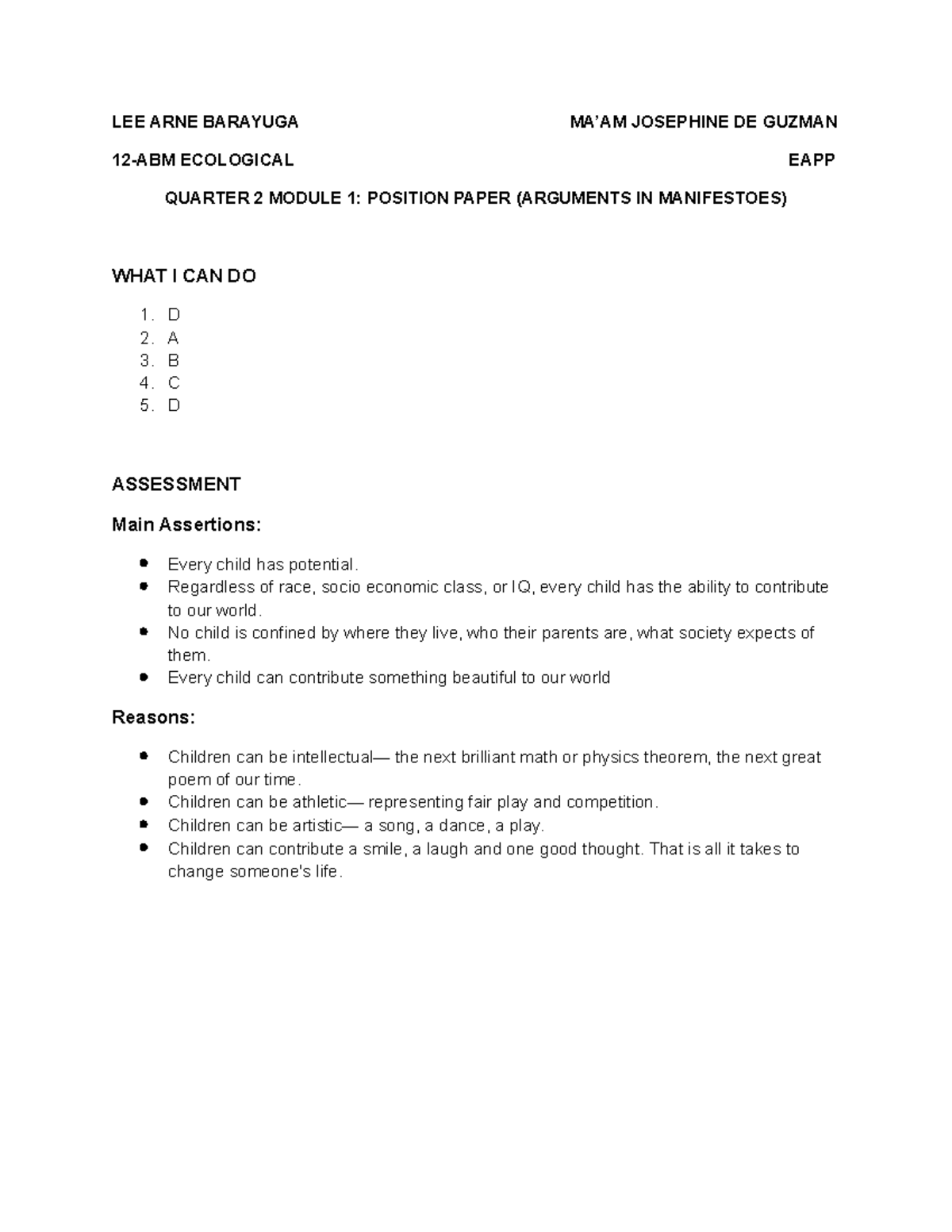 EAPP Module 1 Position Paper ( Arguments IN Manifestoes) - LEE ARNE ...