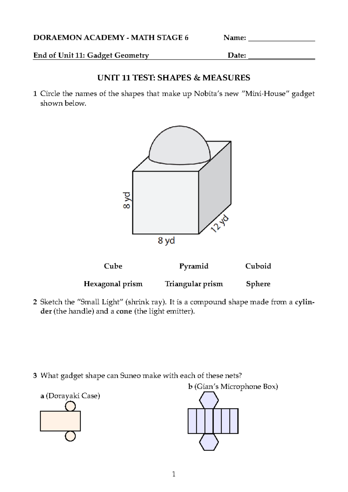 DORAEMON ACADEMY MATH STAGE 6: Unit 11 & 12 Tests on Geometry ...