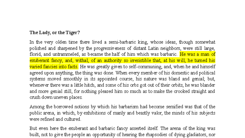The Lady or the Tiger? - Analysis and Insights for ENG 101 - Studocu