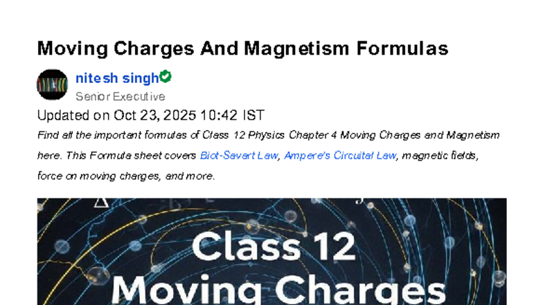 Class 12 Physics Chapter 4: Moving Charges & Magnetism Formulas - Studocu