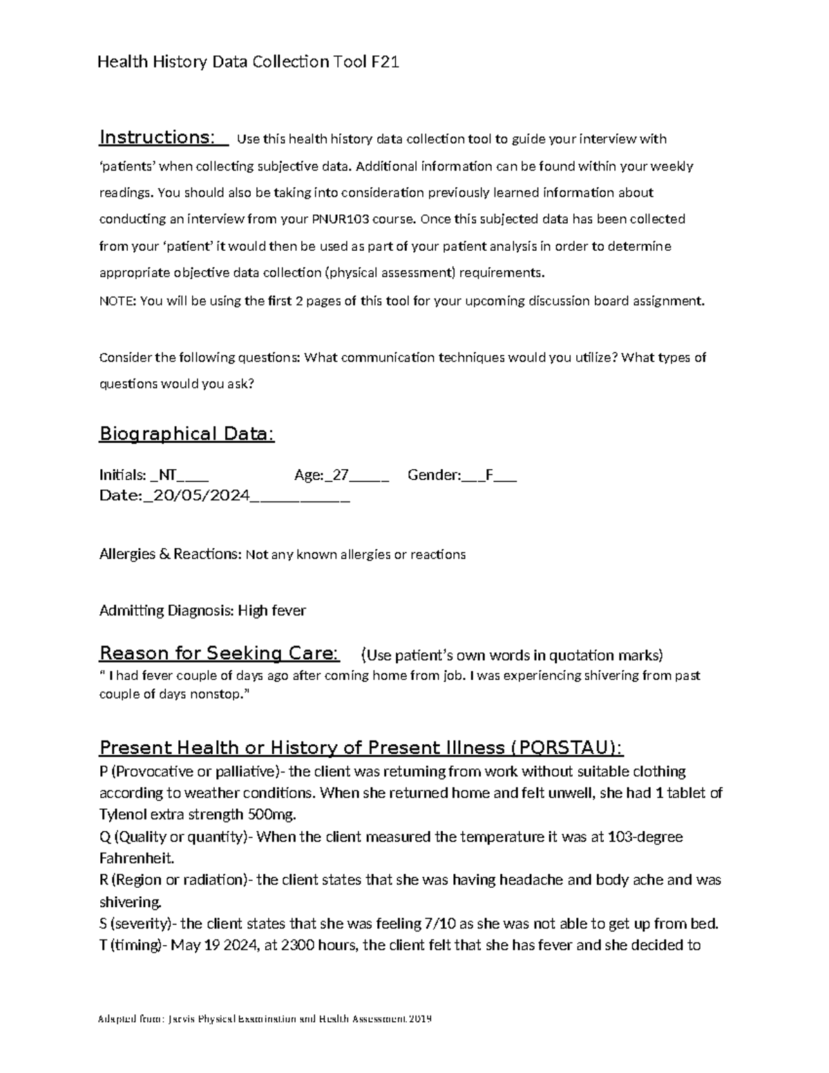 Health History Data Collection Tool for PNUR103 - F211 1 - Studocu