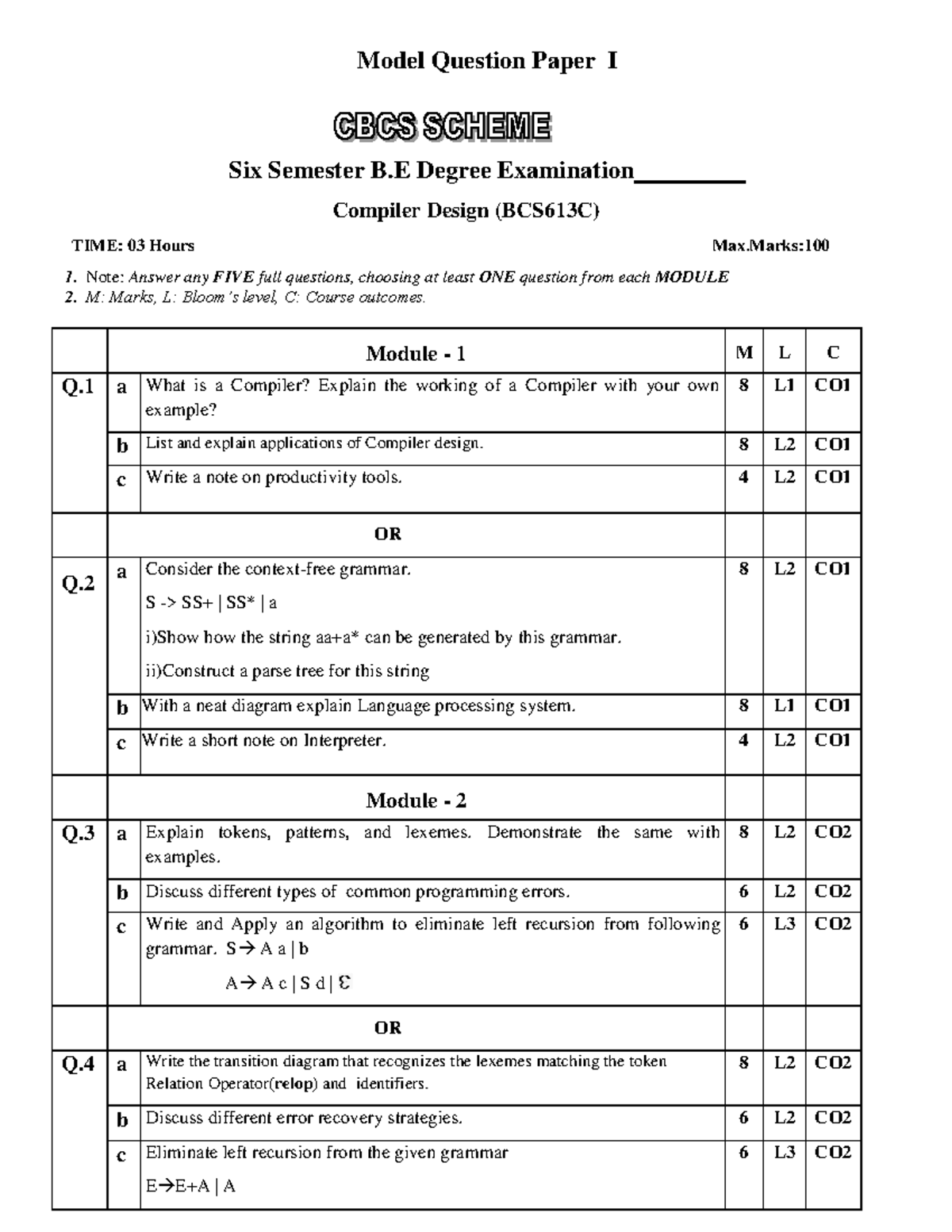 Model Question Paper I for B.E. Compiler Design (BCS613C) - Studocu
