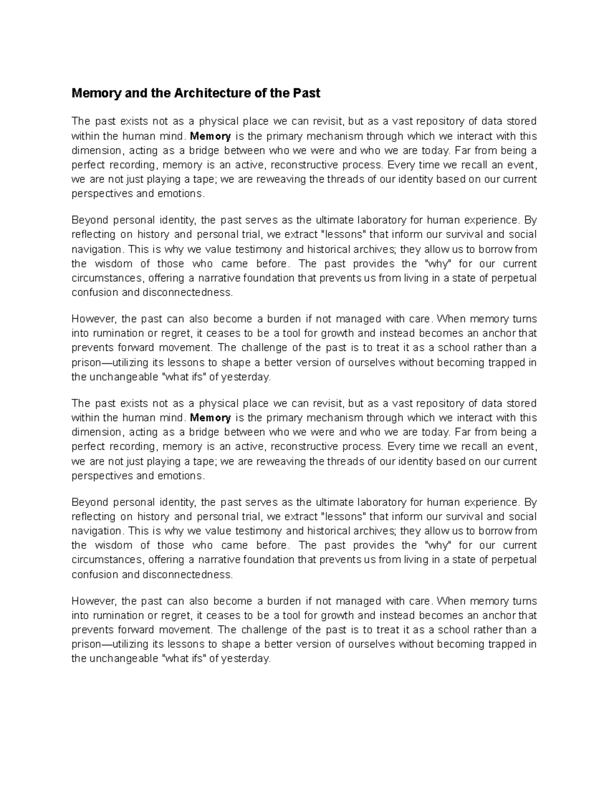 PAST - Essay on Memory: Understanding the Architecture of Recall - Studocu