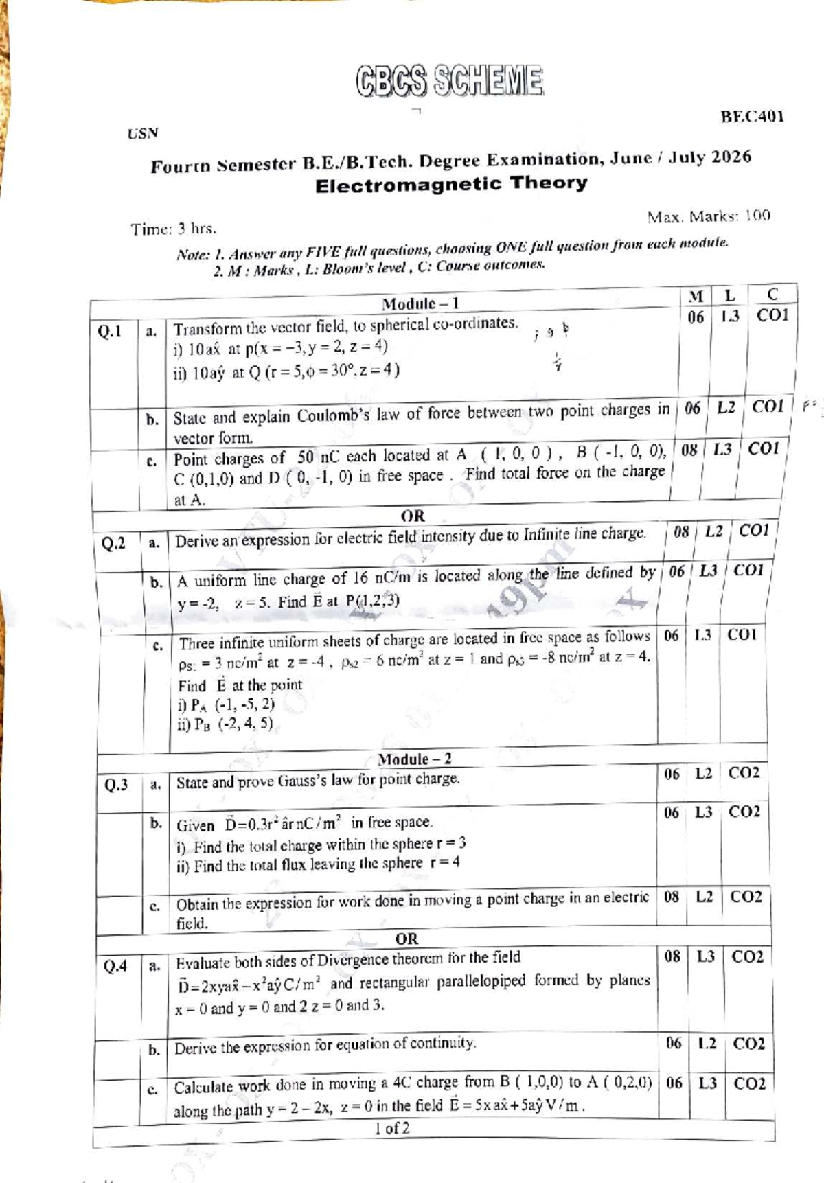 BEC401 Electromagnetic Theory Exam Paper - June/July 2026 - Studocu