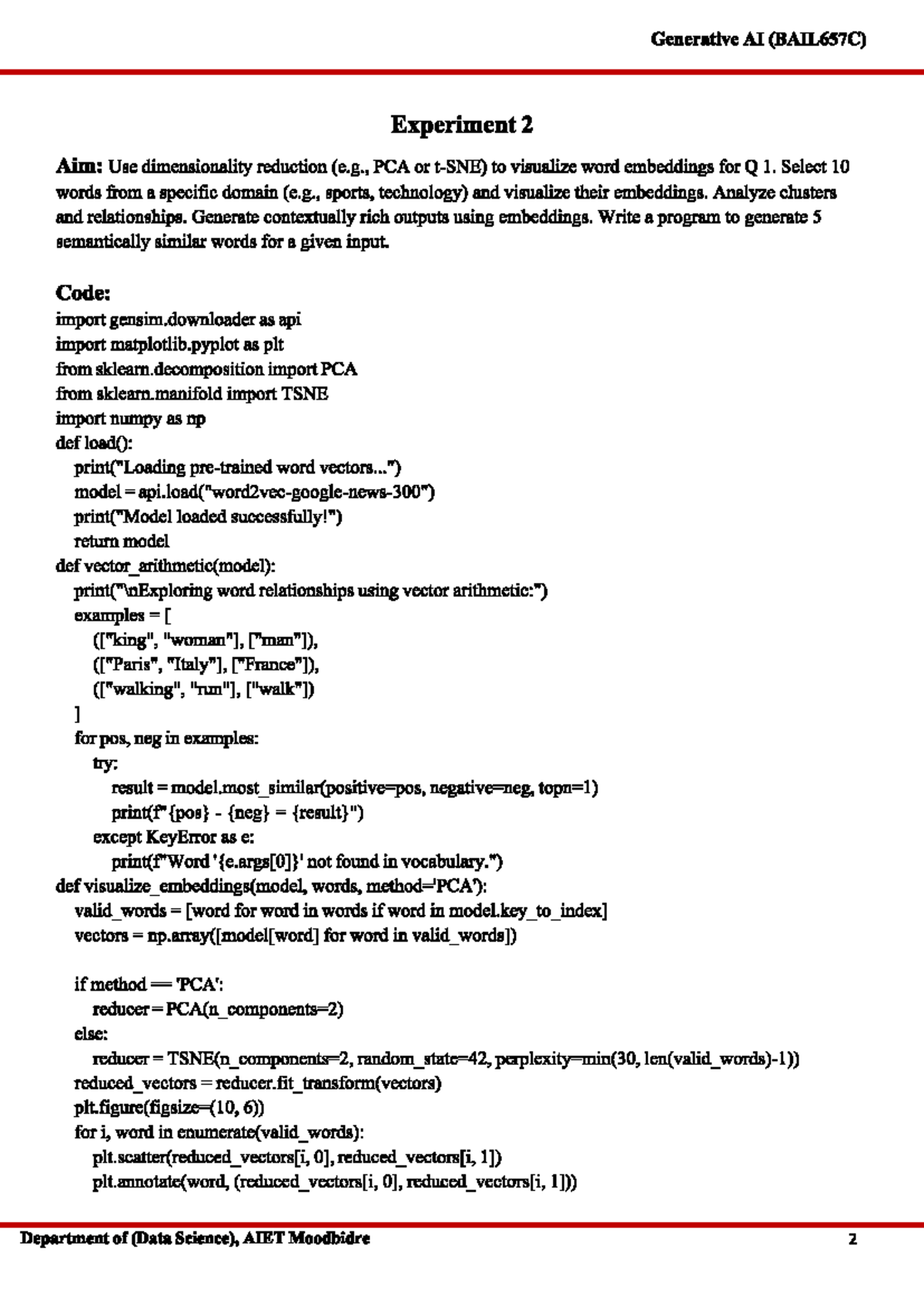 Generative AI (BAIL657C) Experiment 2: Word Embeddings Visualization ...