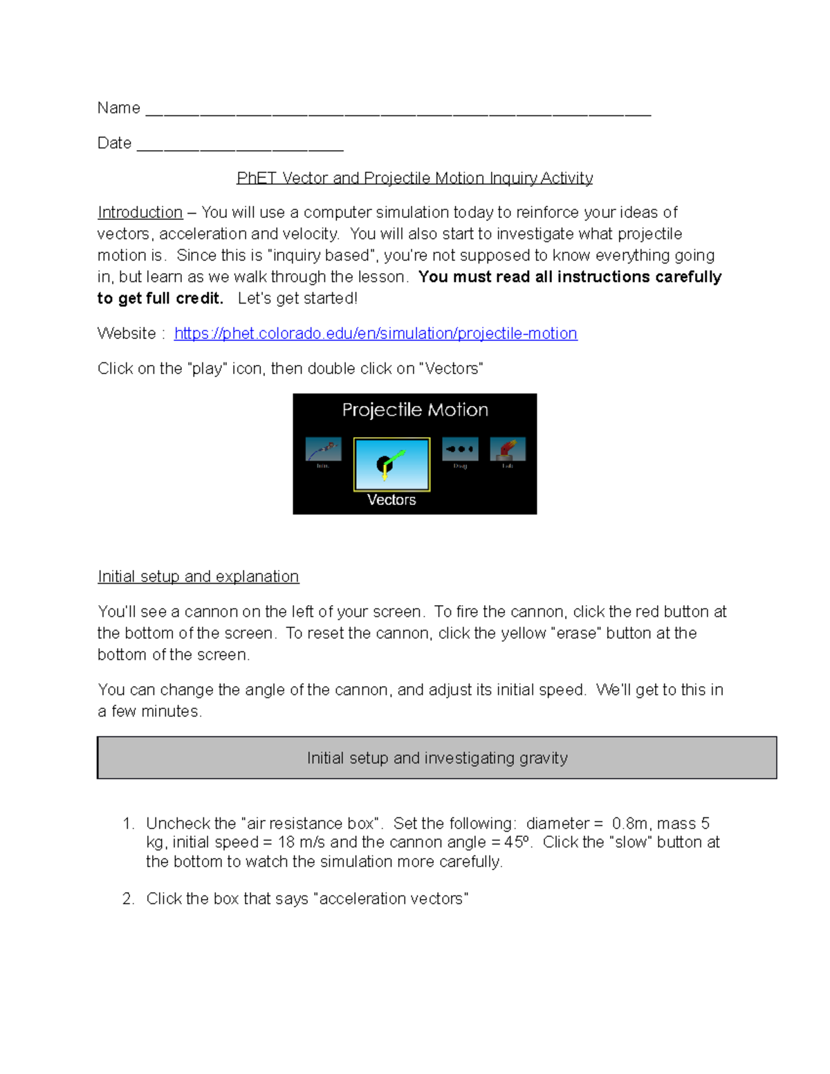 PhET (Physics) Vector & Projectile Motion Inquiry Activity Guide - Studocu