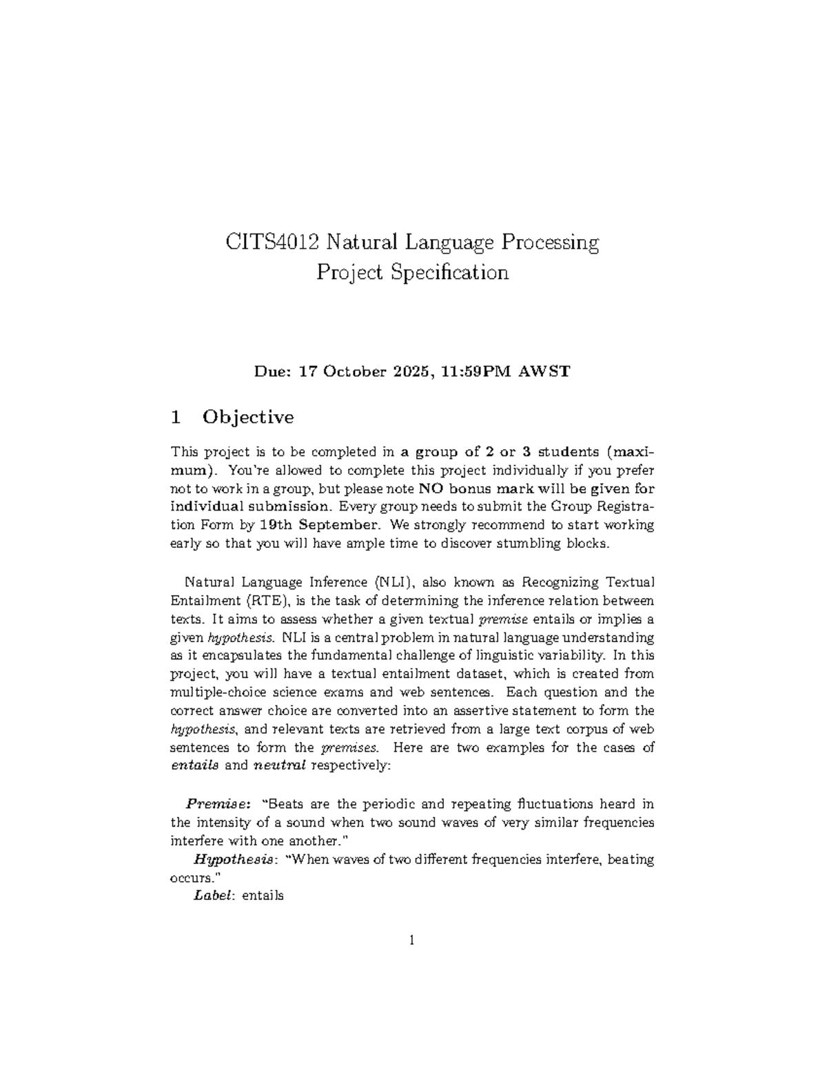 CITS4012 Natural Language Processing Project Specification S2 2025 ...