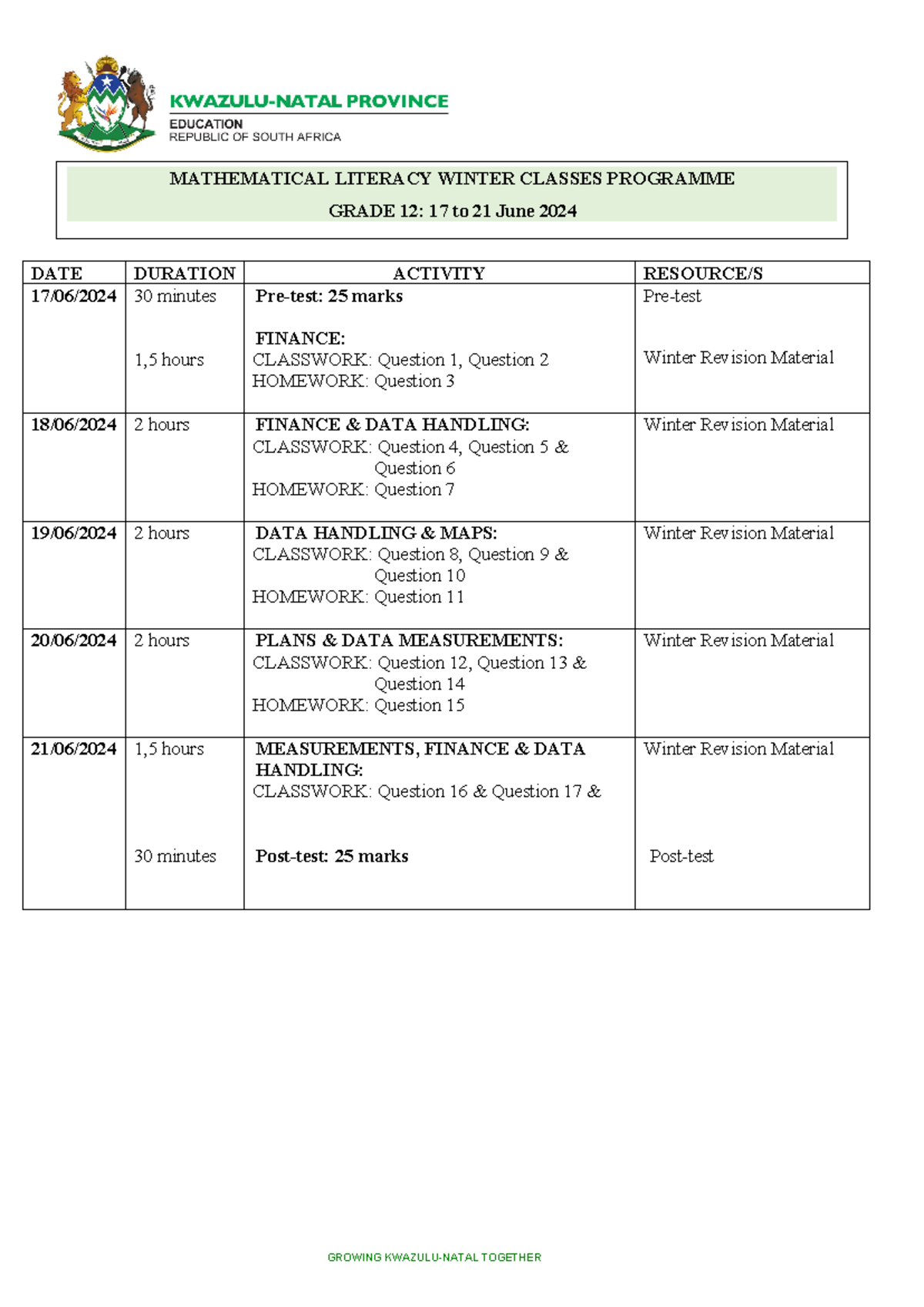 Mathematical Literacy Winter Classes Programme G12: 17-21 June 2024 ...