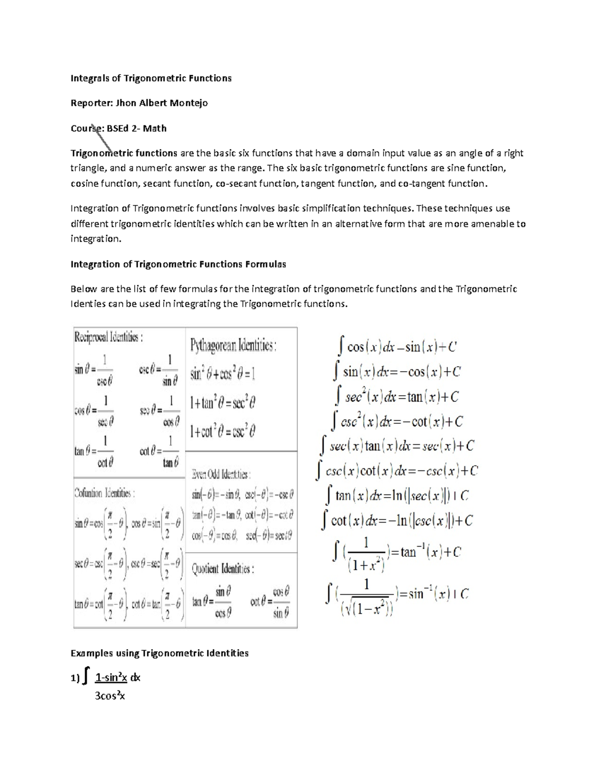 Integrals of Trigonometric Functions Report - Integrals of ...