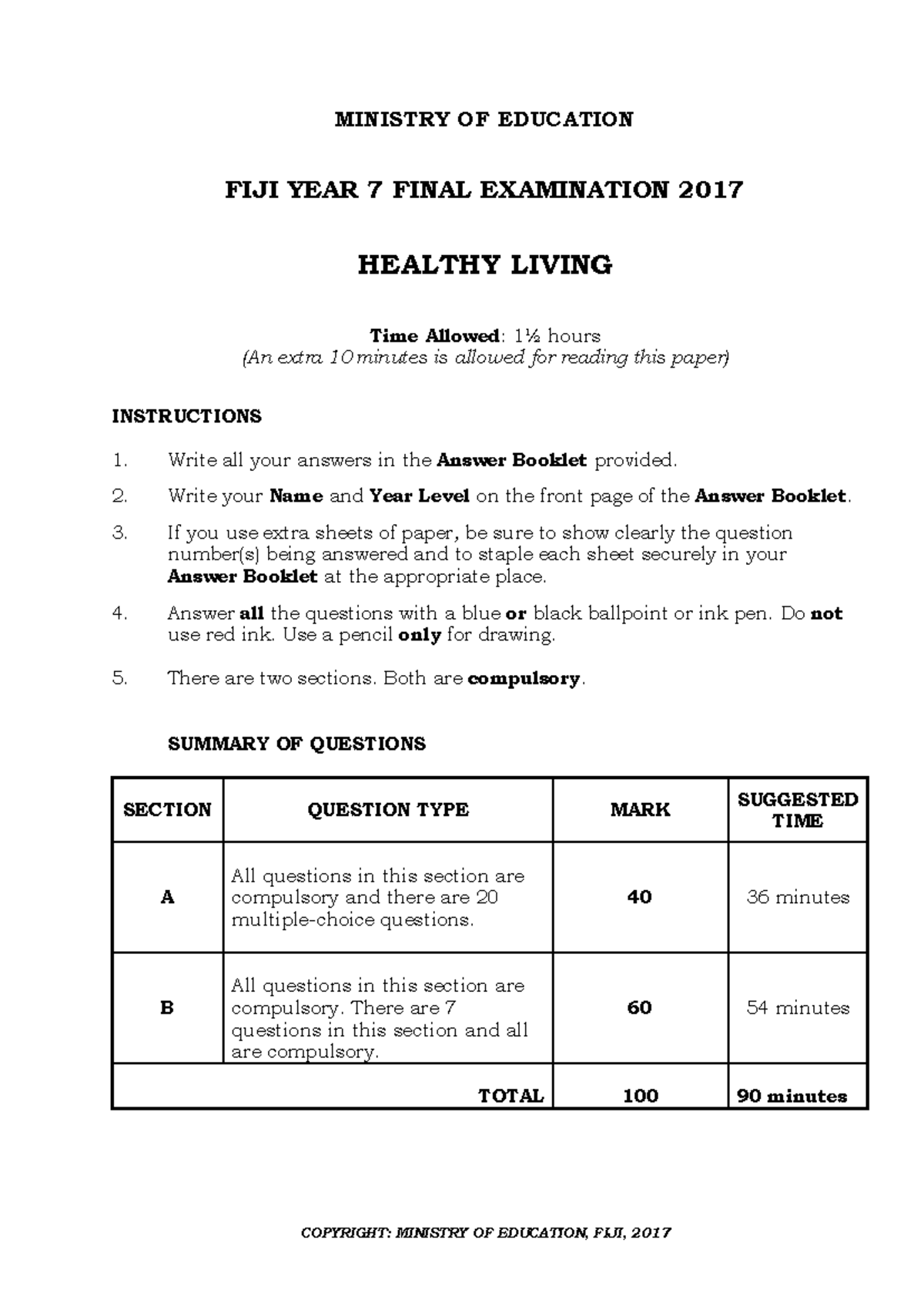 Y7 Healthy Living 2017 Final Exam Paper: Comprehensive QP - Studocu