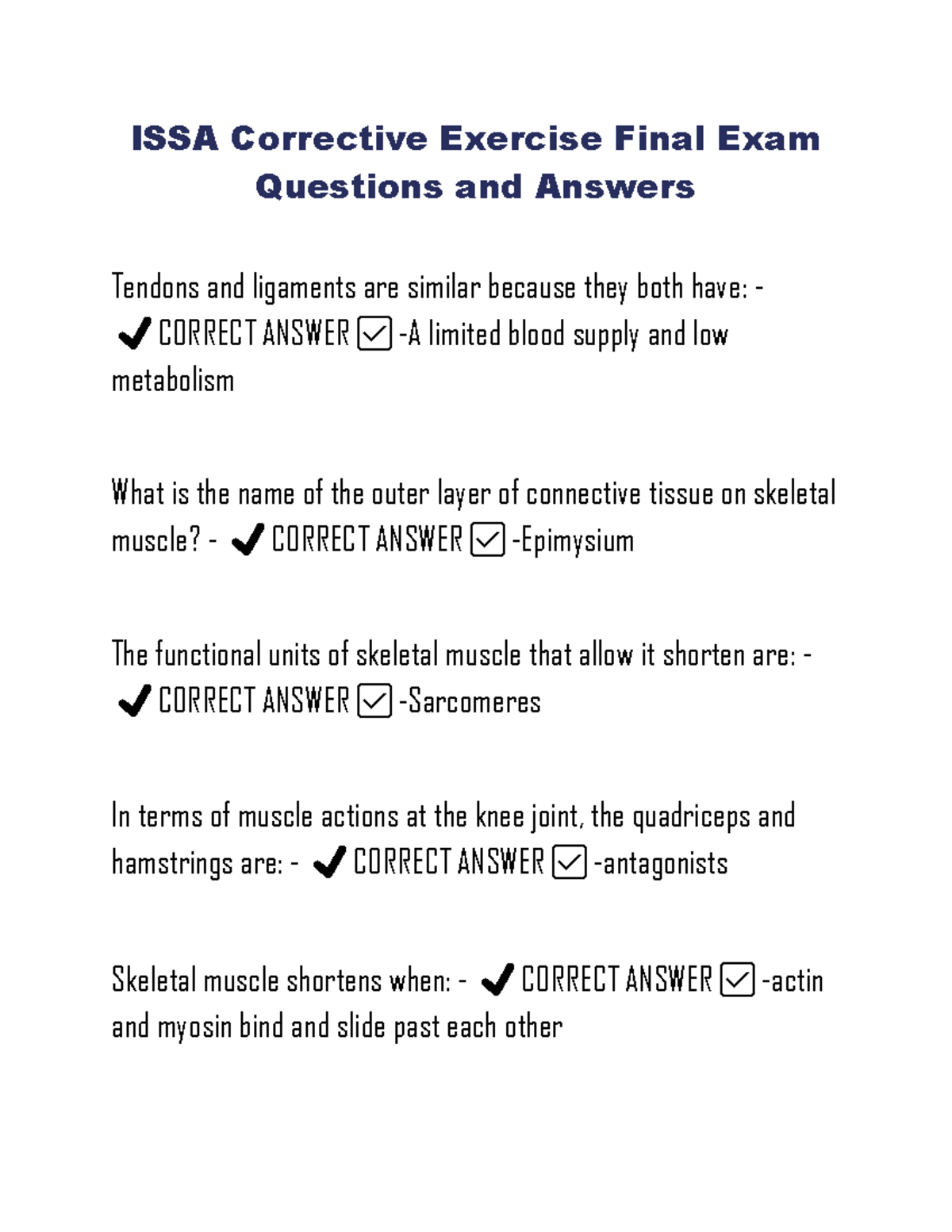 ISSA Corrective Exercise Final Exam Q&A Guide for Study - Studocu