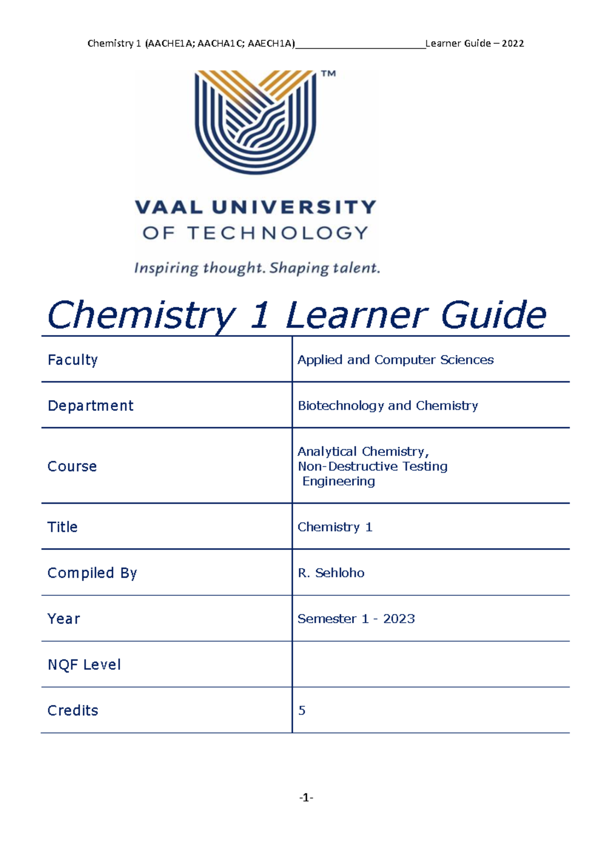 Chemistry 1A Learner Guide - Semester 1, 2023 (NQF Level 5) - Studocu