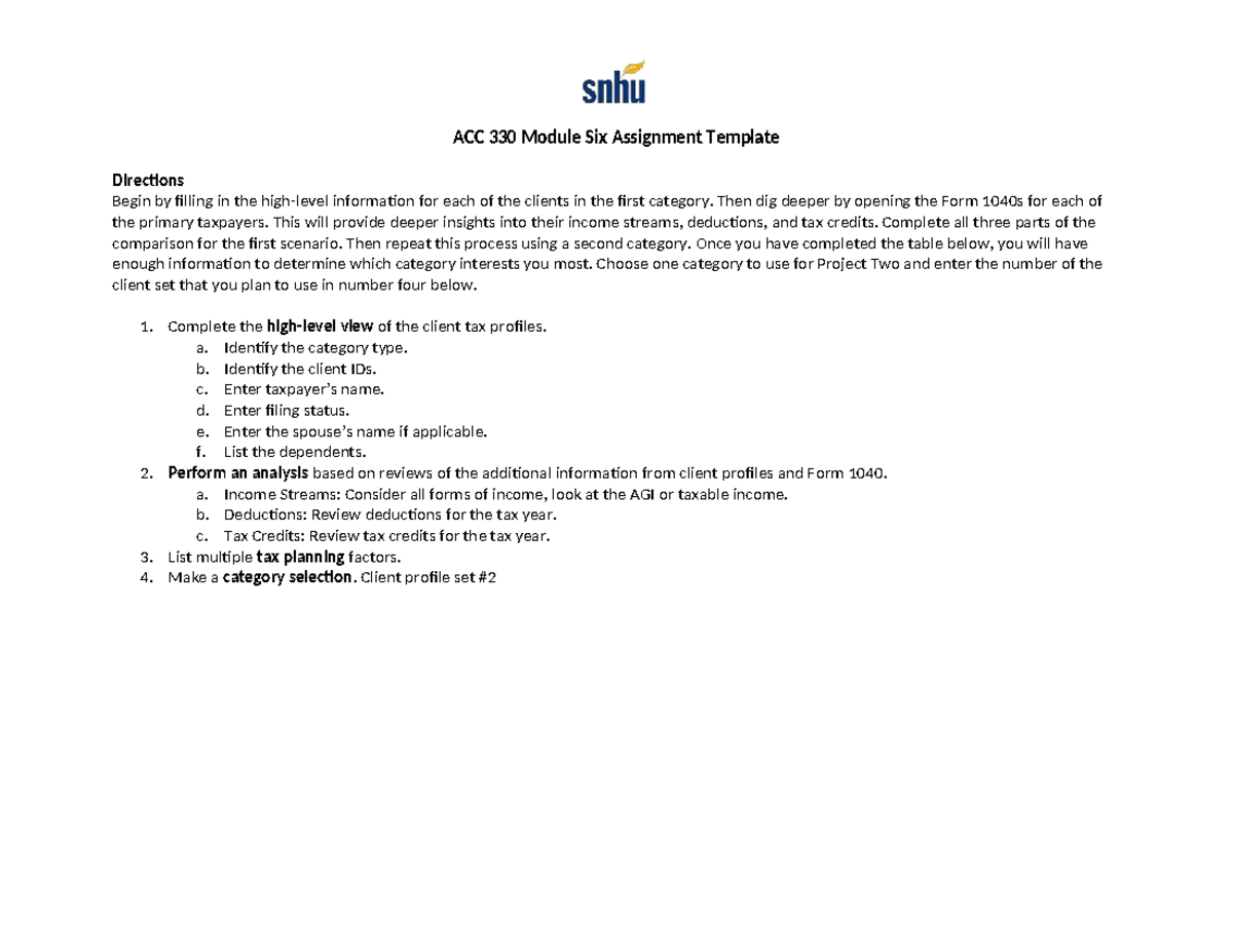 ACC 330 Module 6 Tax Profile Analysis and Comparison Assignment - Studocu