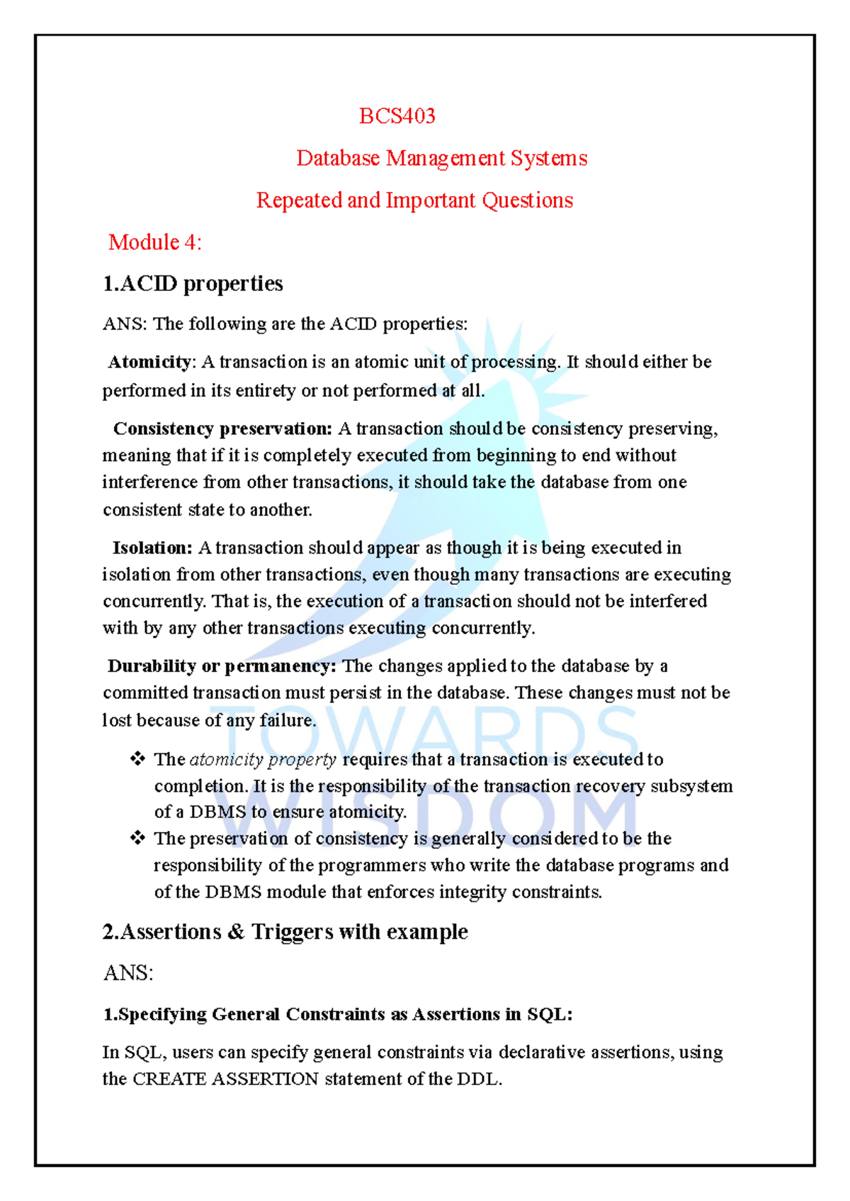 BCS403 Database Management Systems: Key Questions for Module 4 - Studocu