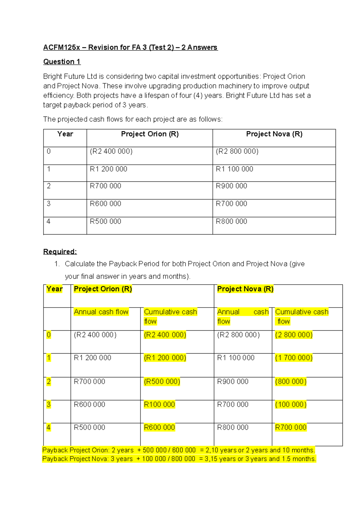 ACFM125x Revision for FA3 - Test 2: Project Investment Analysis - Studocu