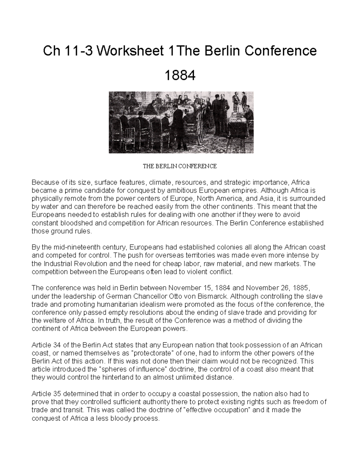 Ch 11-3: The Berlin Conference & Scramble for Africa Overview Worksheet ...