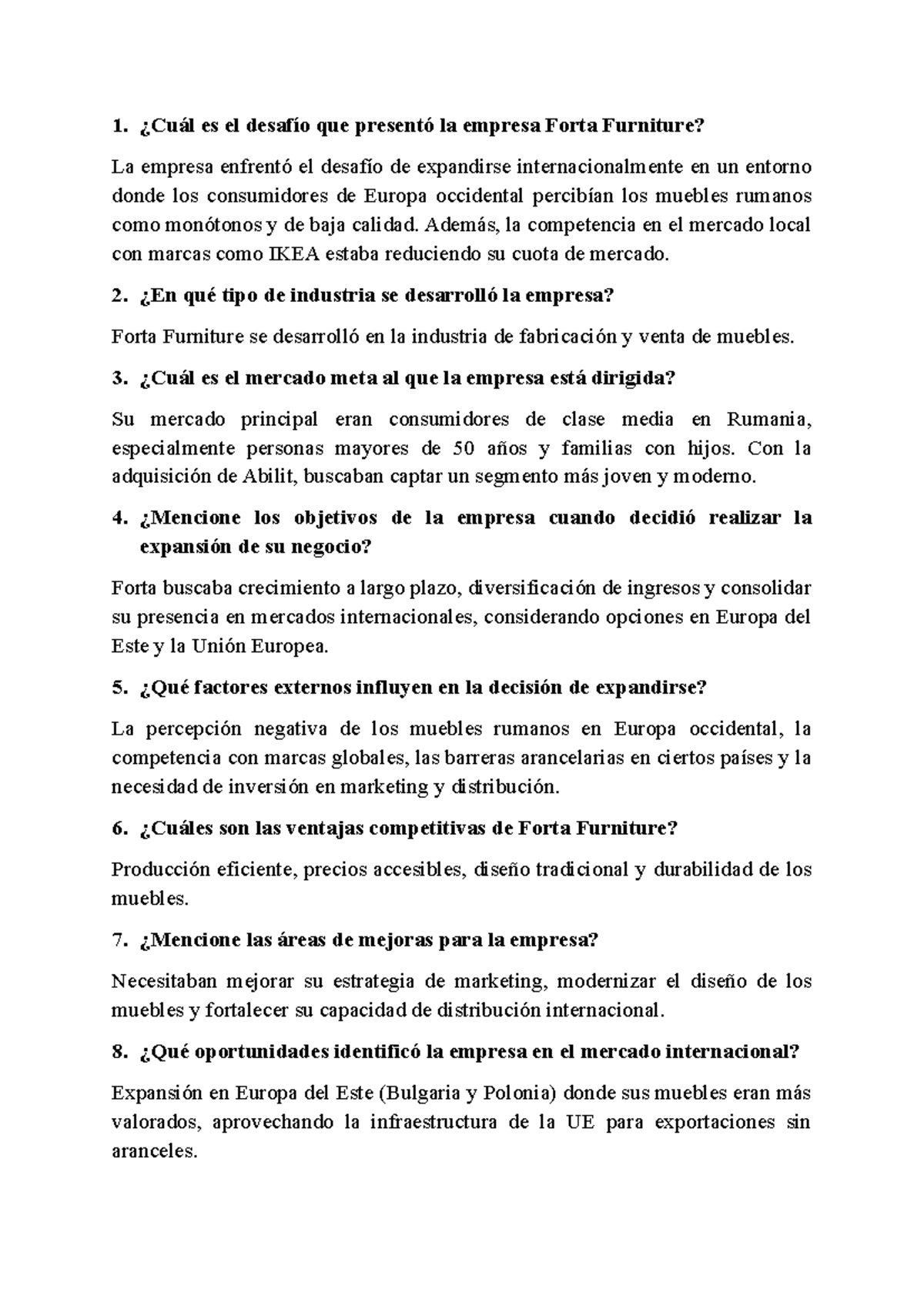 Preguntas de la Plenaria del Caso No 1: Forta Furniture y su Expansión ...