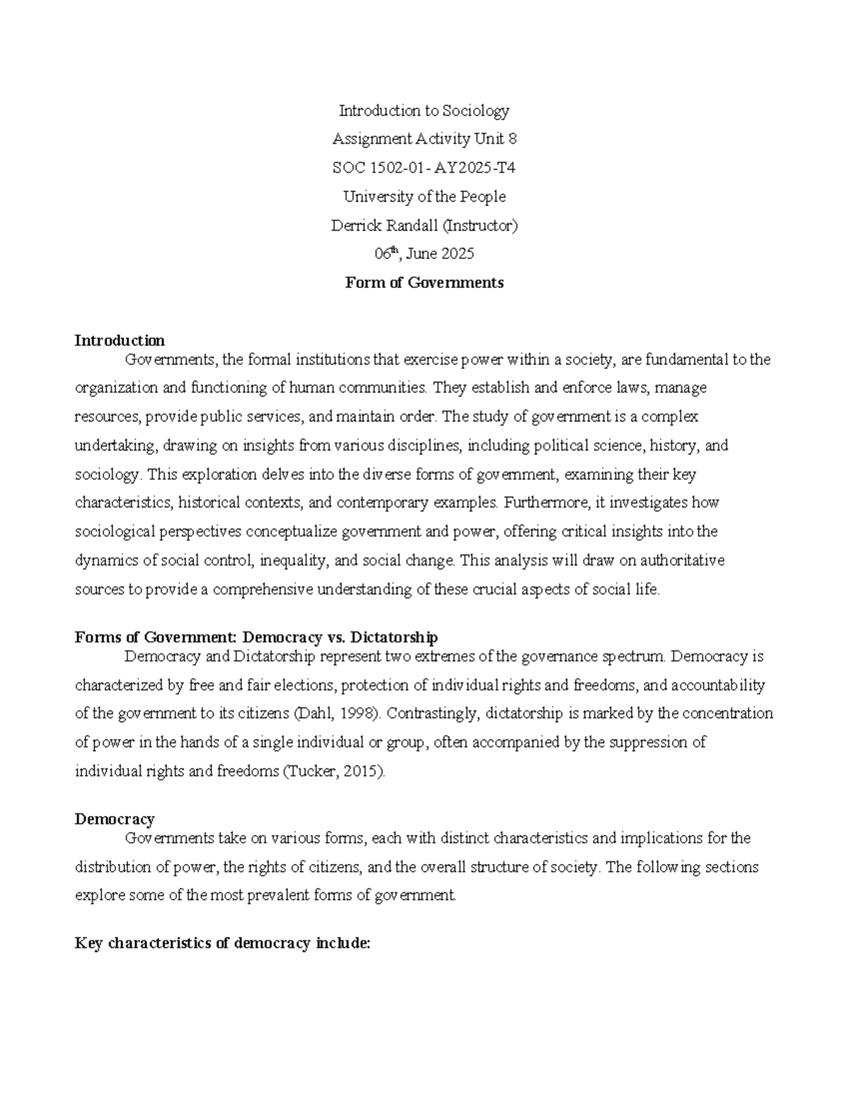 Unit 8 SOC Assignment: Exploring Forms of Government in Sociology - Studocu